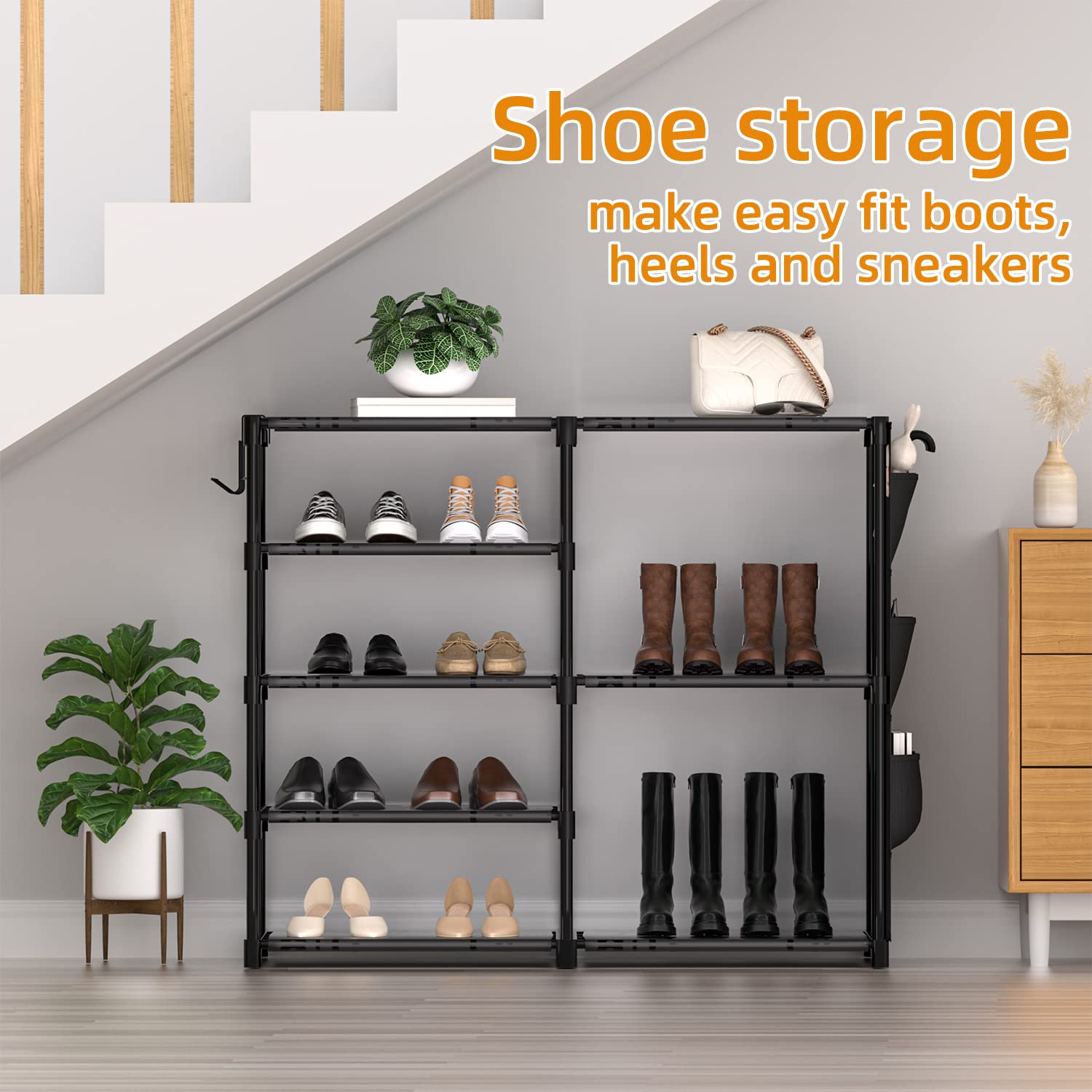 XJJX 5-Tier Shoe Rack Storage for Closet, 28 Pairs Metal Stackable Shoes Rack Boots Organizer Shoe Shelf Shoe Stand with Side Bag for Entryway Closet Hallway and Bedroom