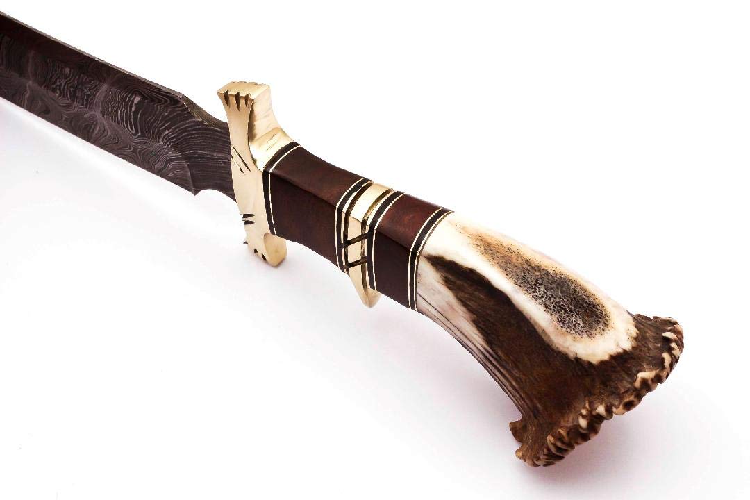 Skokie Knives Damascus Steel hunting Knife Stag Antler Handle with Burl Wood & Brass Guard β15β Handmade Premium Quality Sharp Edge Fix Blade - Genuine Multipurpose Knife β Ideal for Hunting, Camping
