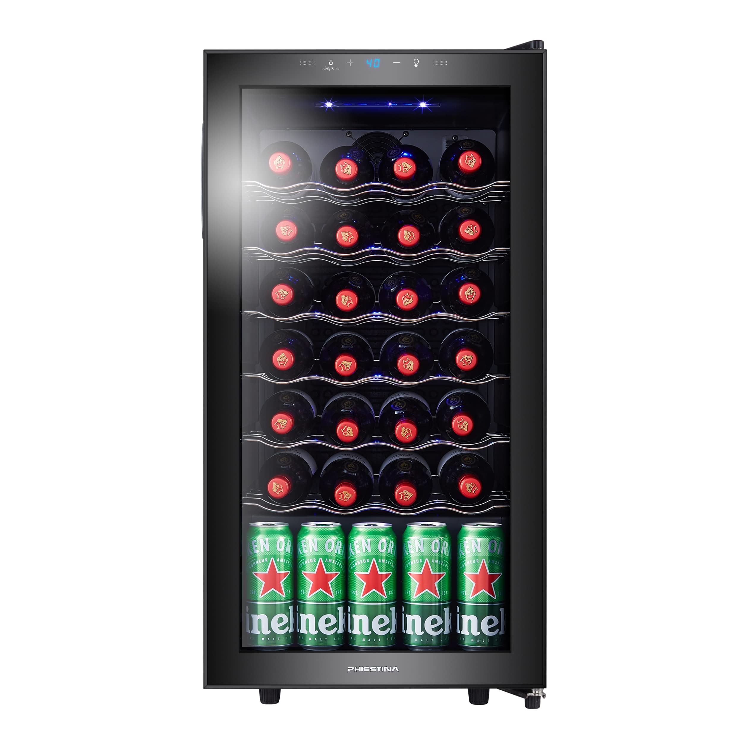 Phiestina Wine and Beverage Refrigerator Wine Cooler Freestanding 28 Bottles or 24 Bottles 15 cans Wine Fridge with LED light Digital Touch Control 7 Removable Shelves for Home/Bar/Office