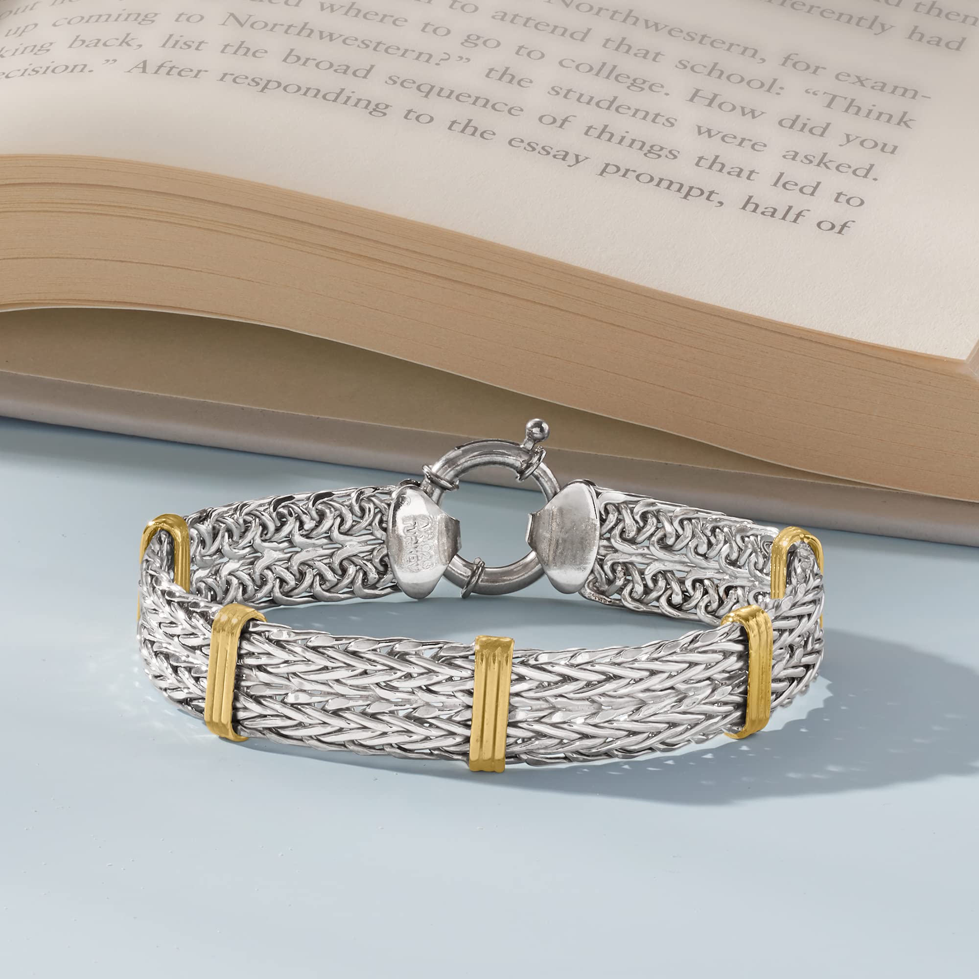 Ross-Simons Two-Tone Sterling Silver Wheat-Link Bracelet. 7 inches