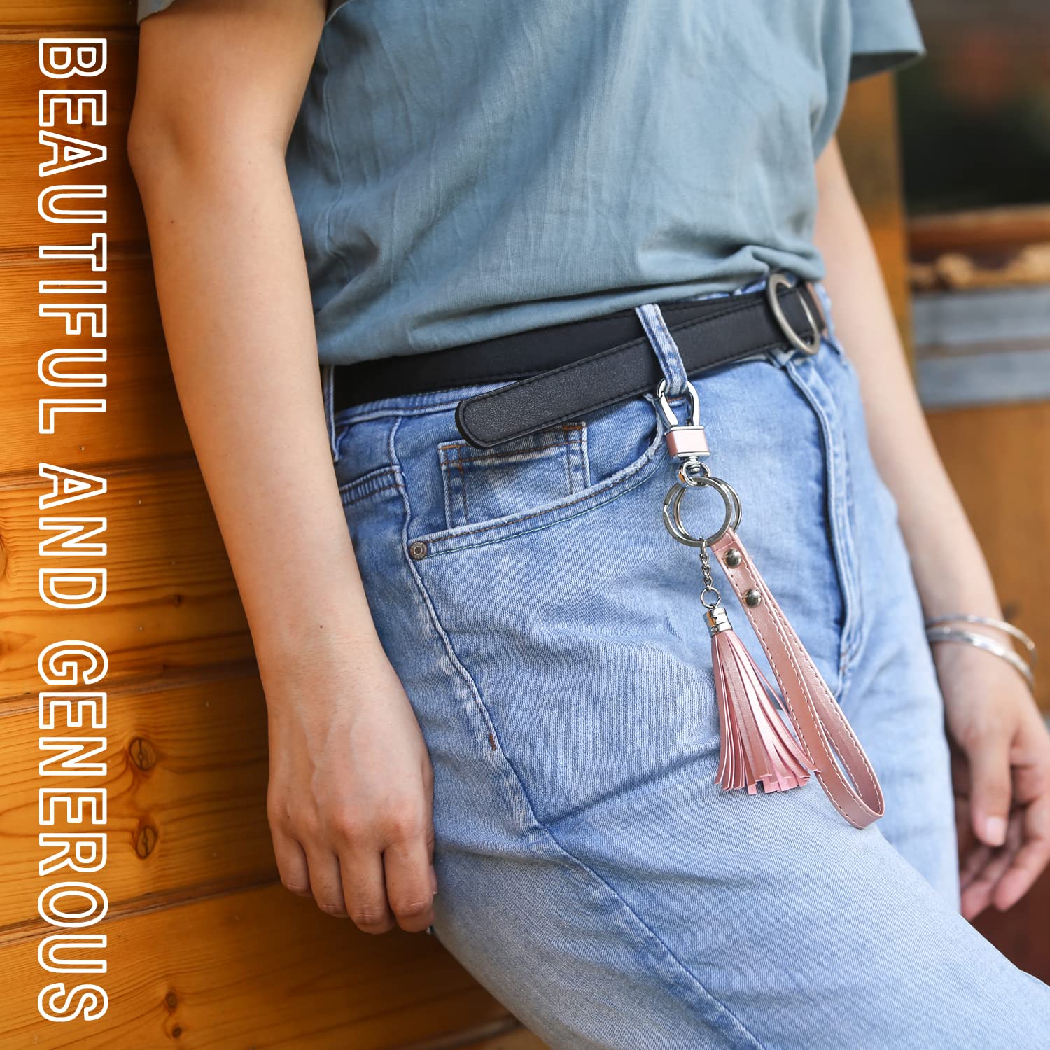 Teskyer Wristlet Strap for Key, Hand Wrist Lanyard Key Chain Holder with Tassel and Flat Alloy Key Rings, Rose Gold
