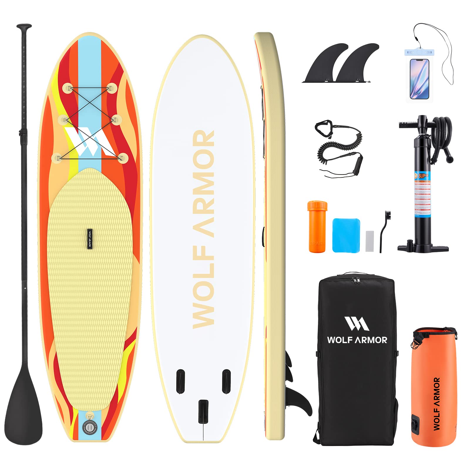 WOLF ARMOR Inflatable Stand Up Paddleboard with Adjustable Paddle,Safety Leash, Hand Pump, SUP Accessories&Backpack,Waterproof Bag, Removable Fin,Antislip Deck, Standing Boat for Youth and Adult