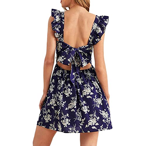 Tulle Women Cute Tie Back Ruffle Dress Strap A Line Fit and Flare Flowy Short Elegant Sleeveless Nightclub Blue