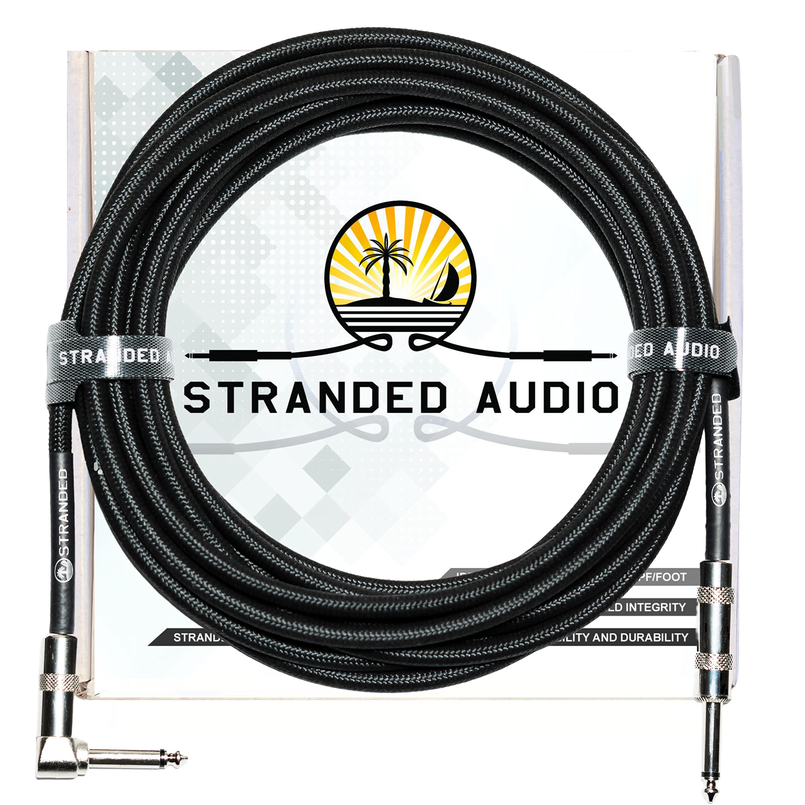 Stranded Audio - Guitar Cable 20 Ft - Low Capacitance - Pro Grade - 1/4 to 1/4 Inch Instrument Cable - Right Angle to Straight - Amp Cord for Electric Guitar, Bass, Acoustic, Ukulele or Keyboard