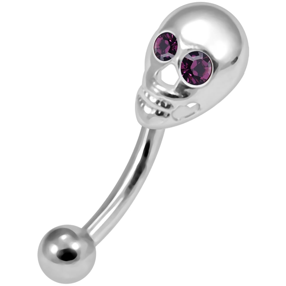 Purple Crystal Stone Eye Skull Sterling Silver 16 Gauge Banana Eyebrow Piercing Jewelry