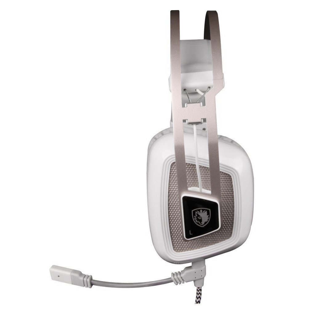 SADES A8S USB Gaming Headset 7.1 Channel Virtual Surround Stereo Wired PC Gaming Headset Over Ear Headphones with Mic Revolution Volume Control Noise Canceling LED Light (White)