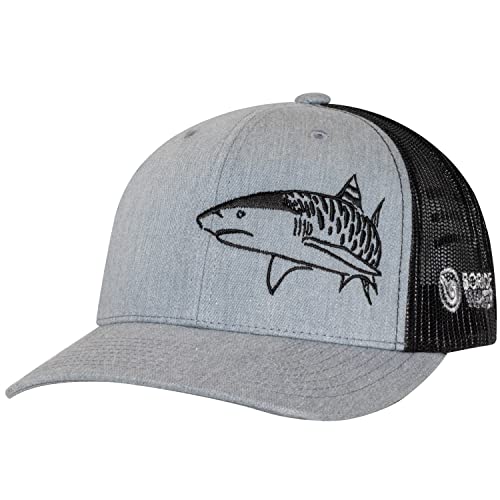 Tiger Shark Scuba Diving Trucker Hat: Mens Adjustable Snapback for Fishing, Spearfishing - Heather Gray/Black/Black