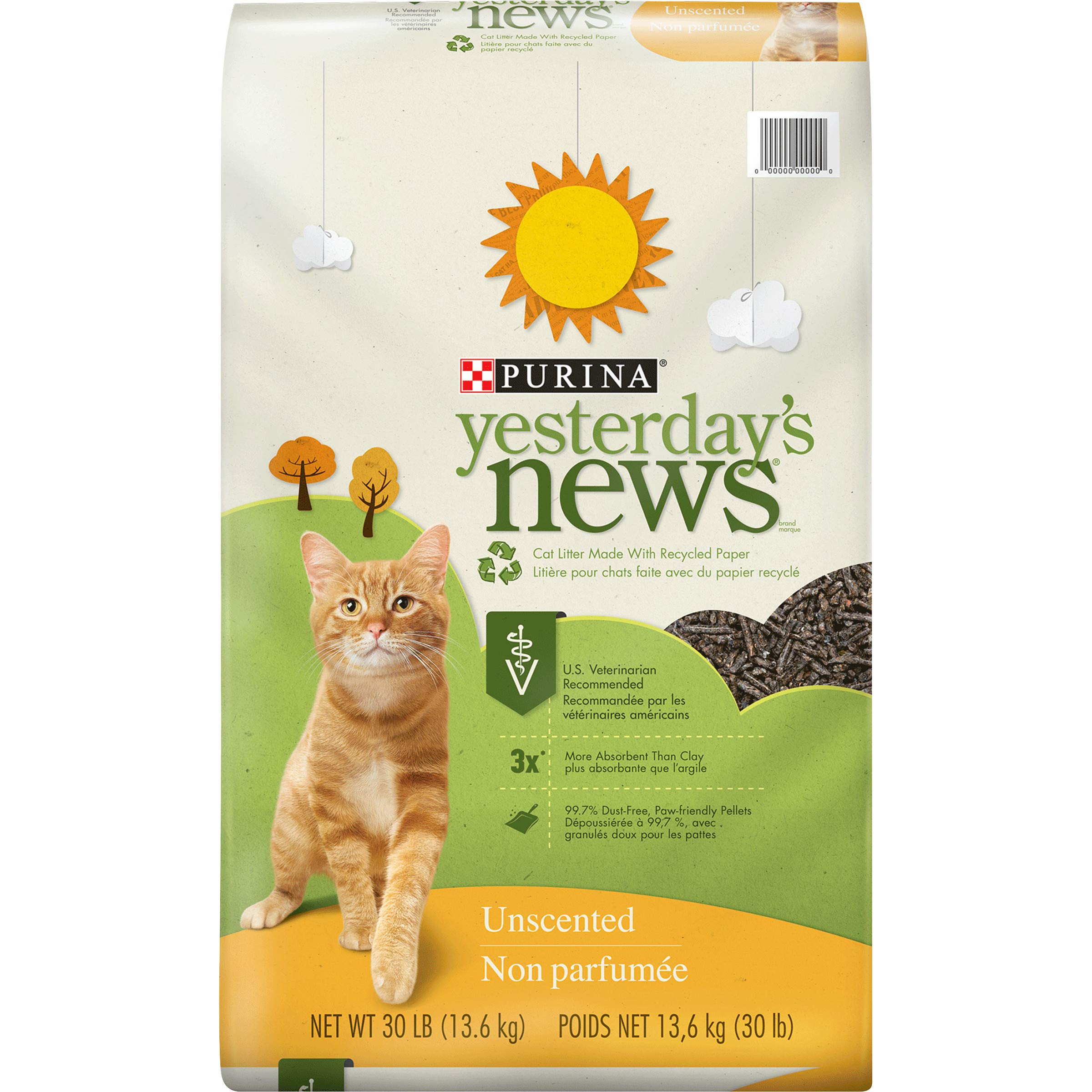 Purina Yesterday's News Non Clumping Paper Cat Litter, Unscented Low Tracking Cat Litter in Recyclable Box - 30 lb. Bag