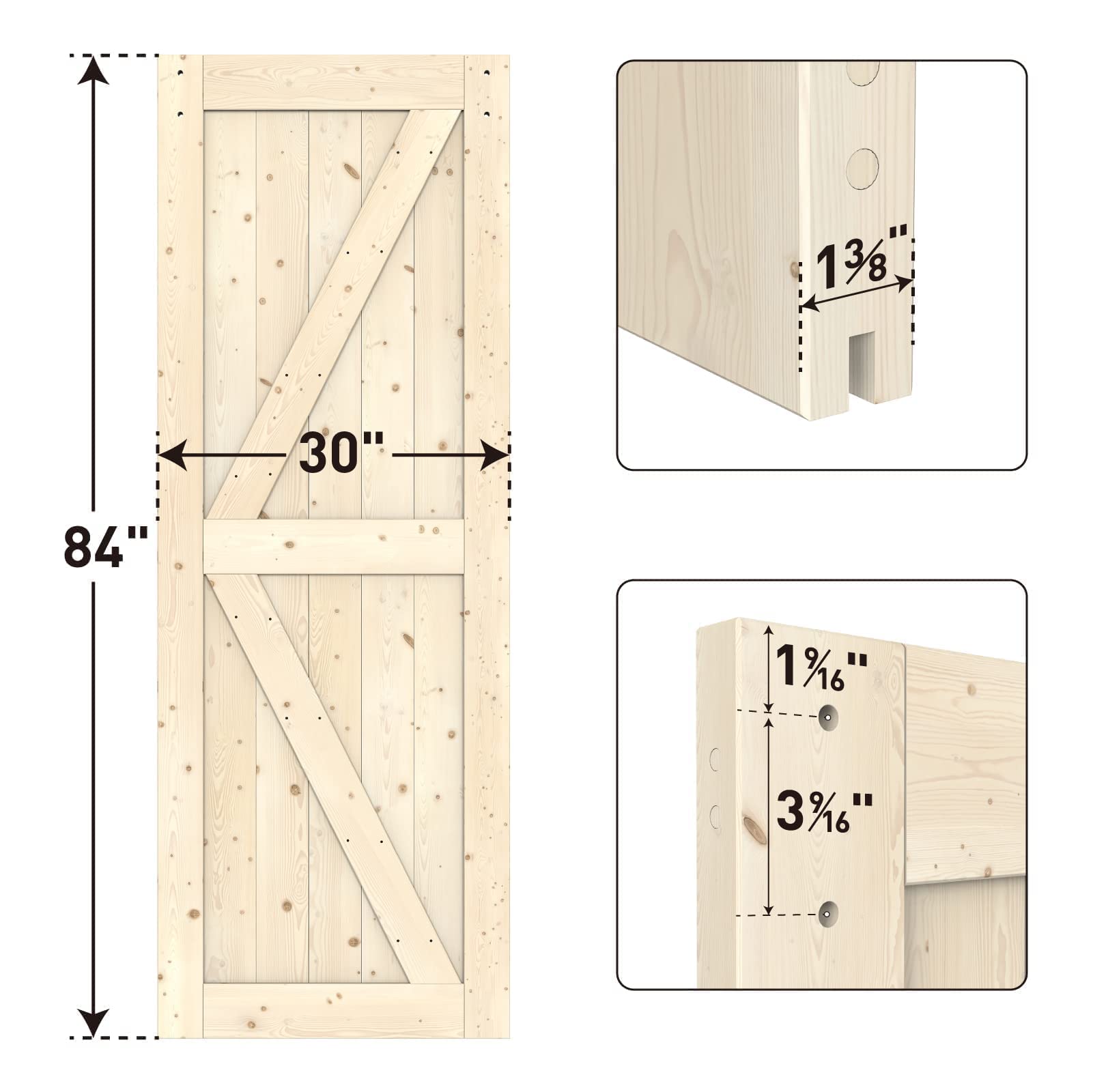 WINSOON 5FT Black Straight Design Sliding Roller Barn Single Wood Door Hardware Closet Track Kit with 30in x 84 in Sliding Barn Door