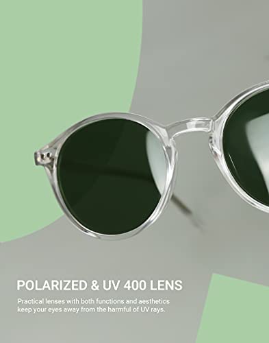 TIJN Polarized Colored Sunglasses for Womens Mens,Retro Small Round Frame,UV400 Protection Tinted Lens Sunnies(Clear+Green)