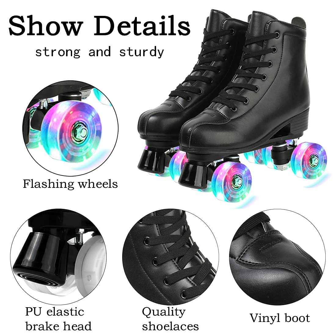 XUDREZ Roller Skates, Double-Row Roller Skates for Unisex, Roller Skates PU Leather High-top Roller Skates Four-Wheel Roller Skates Shiny Roller Skates (Flash Wheel,Women's 10 / Men's 8.5)