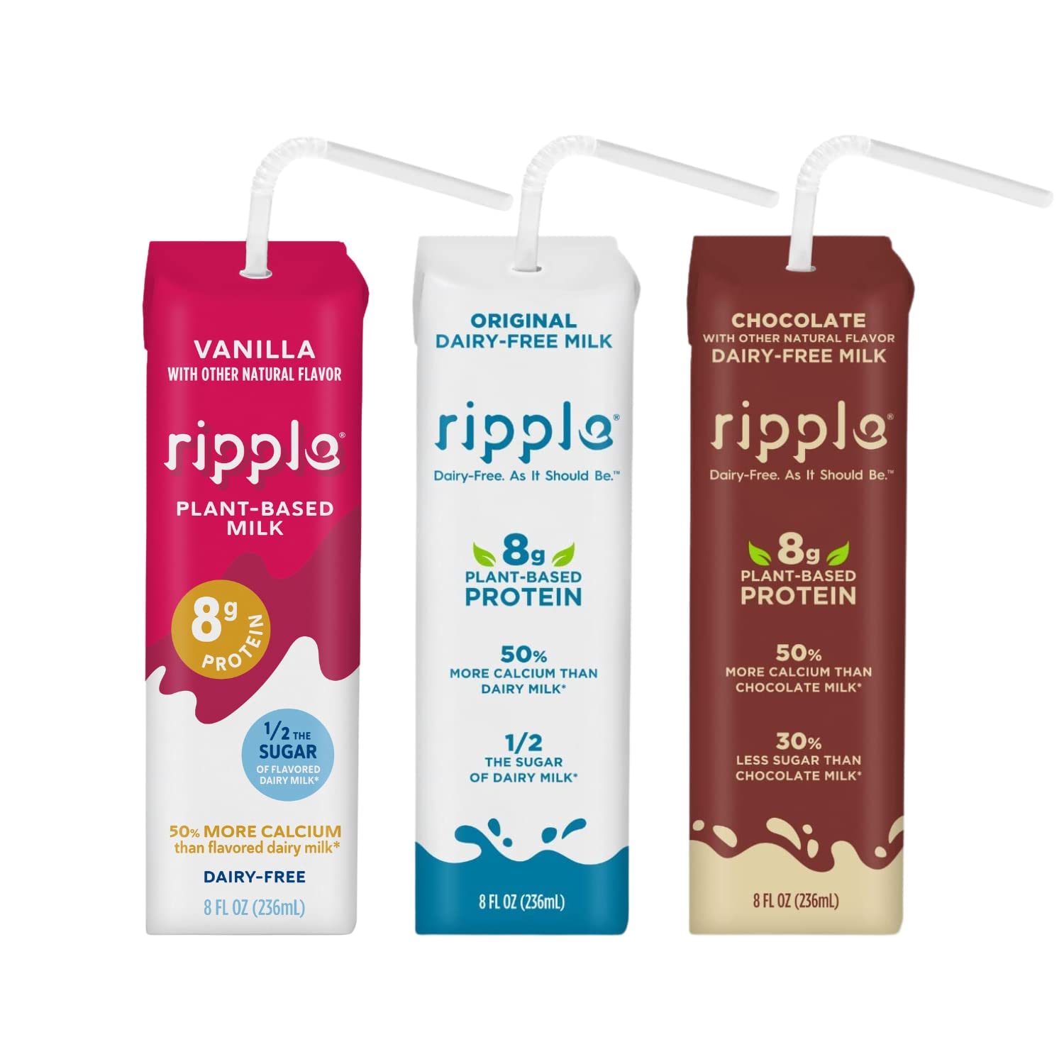Ripple Non-Dairy Milk, Variety Pack | Vegan Milk With 8g Pea Protein | Shelf Stable Single Serve Cartons | On-The-Go | Non-GMO, Plant Based, Gluten Free | 8 oz, 12 Pack