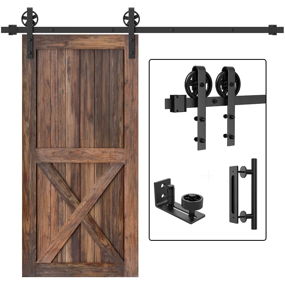 WINSOON 6.6FT Single Door Sliding Barn Door Hardware Kit with 1pc Barn Door Handle Set with 1pc Adjustable Floor Guide