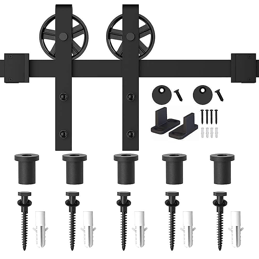 WINSOON 6.6FT Single Wood Sliding Barn Door Hardware Black Big Wheel Kit with 1 Pcs New Sliding Barn Door Floor Guides Adjustable Stay Roller Hardware Set
