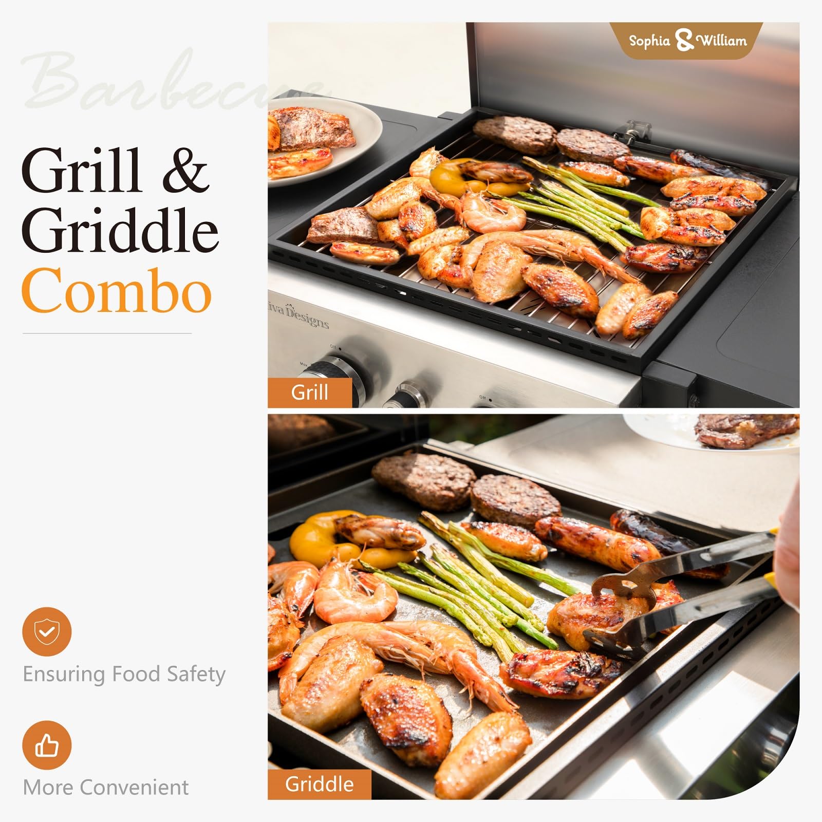 Sophia & William Flat Top Gas Griddle Grill with lid 3-Burner 33,000 BTU Propane BBQ Grill Outdoor Cooking Station, Can be Converted into Table Top Griddle for Camping