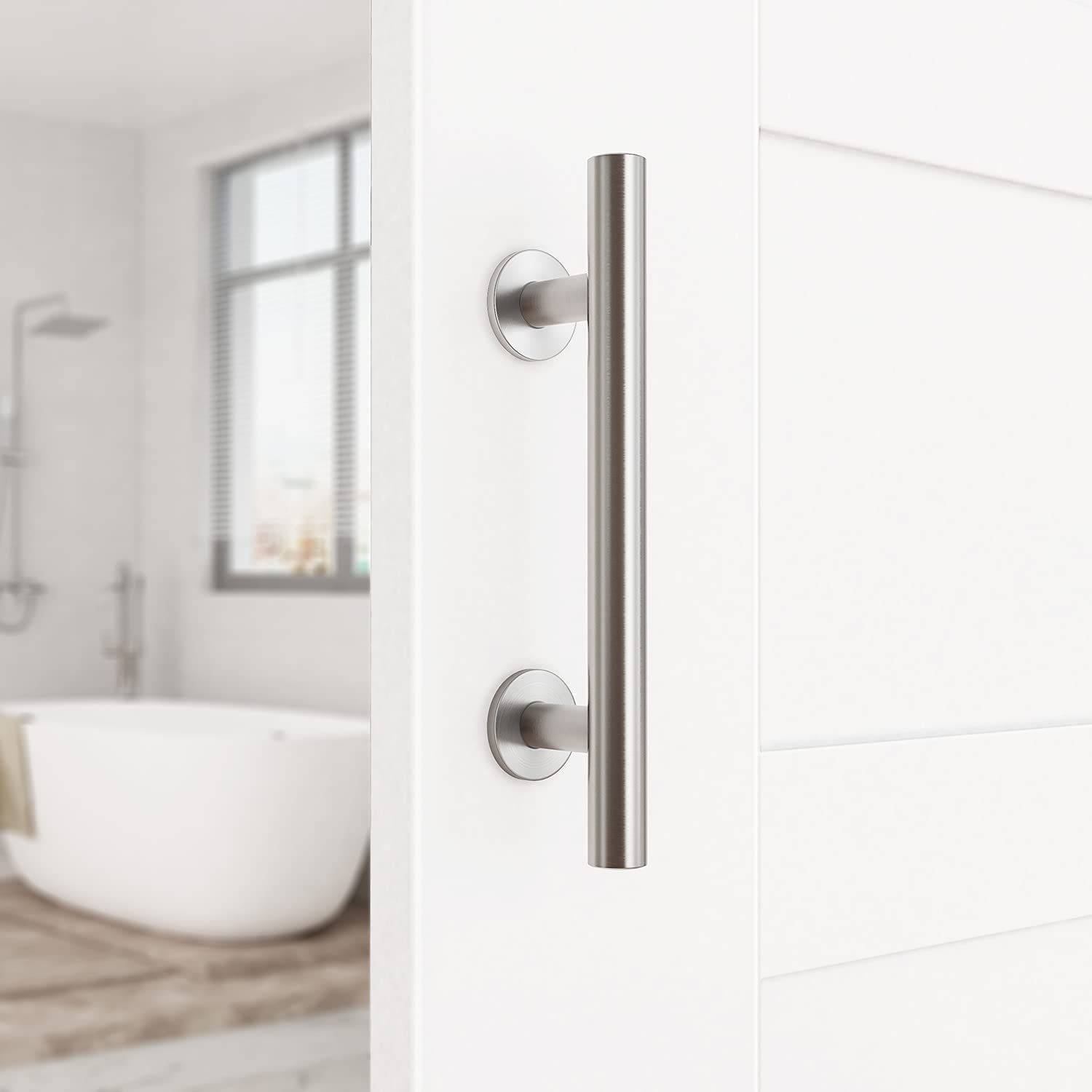 WINSOON 6FT Single Sliding Barn Door Hardware Roller Track Kit with Handles Brushed Nickel with Sliding Barn Door Handles Brushed Nickel