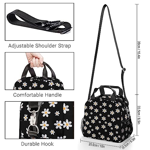 Ulbraofs Reusable Insulated Lunch Bag with Adjustable Shoulder Strap, Leakproof Cooler Lunch Box Meal Prep Organizer Tote Bag Freezable for Women & Men, Work, School, Travel, Picnic (Daisy-1)