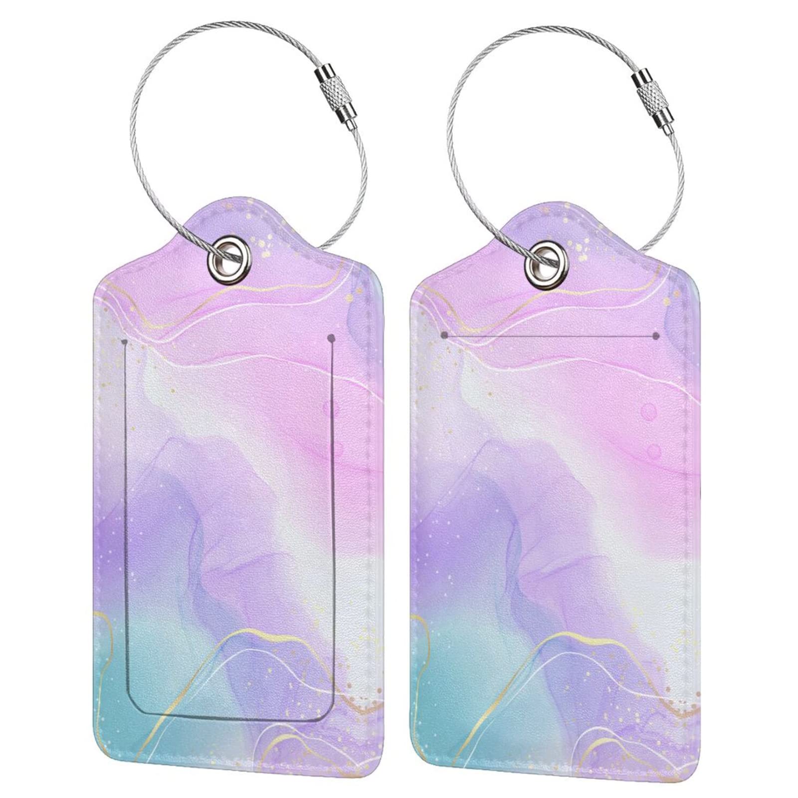 Pink Luggage Tags 2 Pack for Girls Women, Watercolor Light Purple and Cyan Blue Background Leather Suitcase Tags Identifiers, Cute ID and Name Labels with Privacy Covers for Backpack Travel Bag