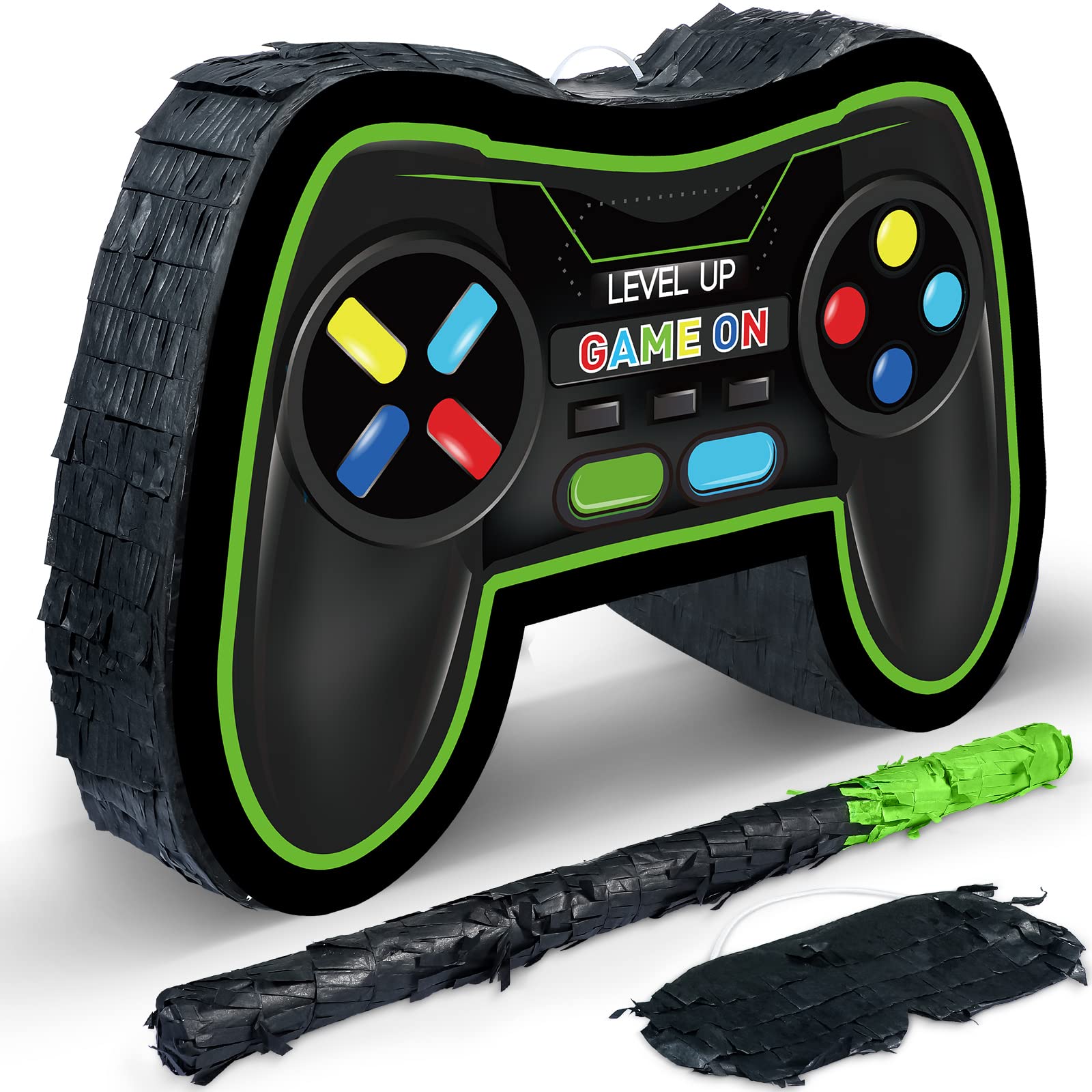 Video Game Controller Pinata Bundle Fiesta Gaming Controller Pinata Set with Blindfold and Bat Kids Birthday Gamer Party Supplies Game Toy for Kids Gaming Theme Party Carnival Events Decor (Green)