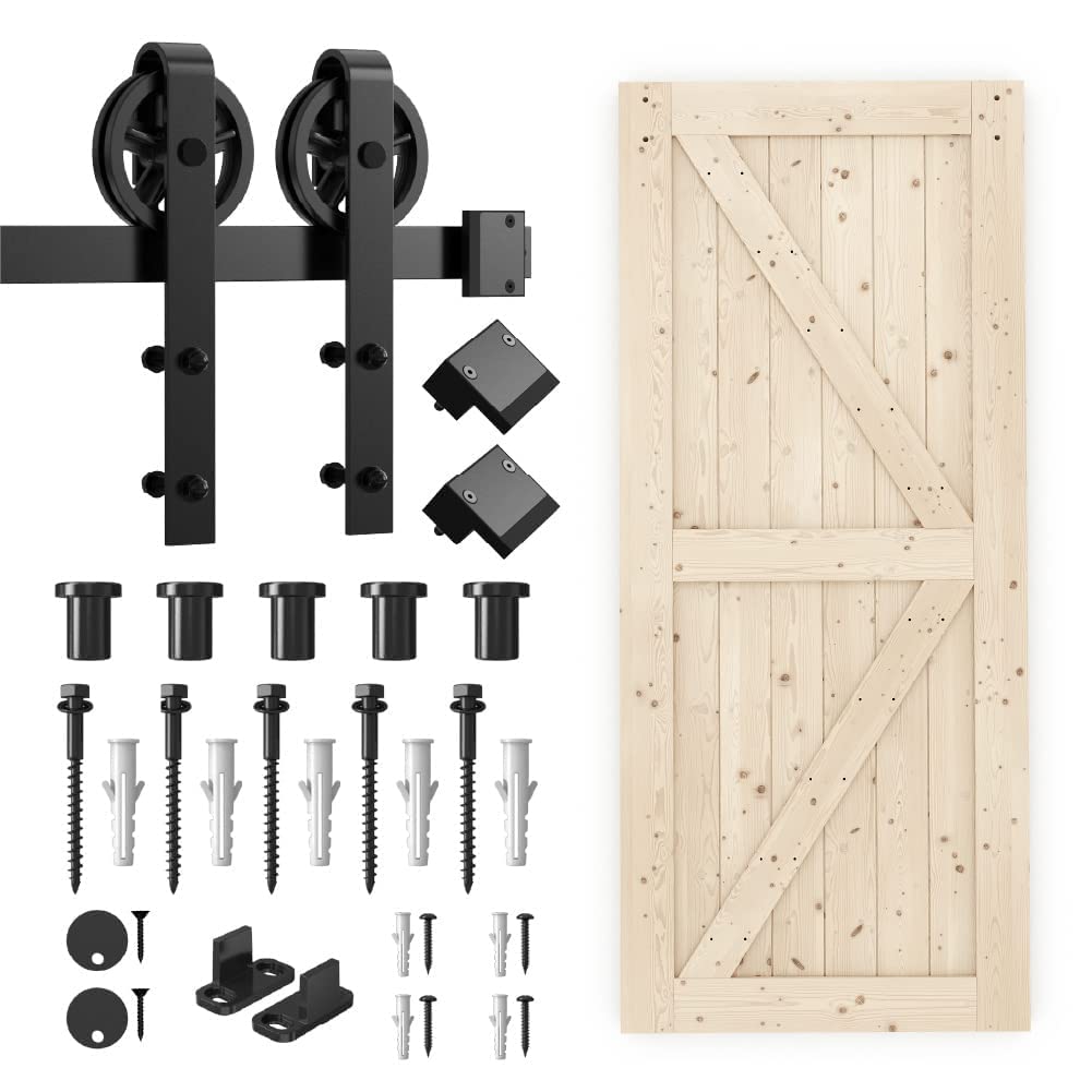WINSOON 6FT Single Wood Sliding Barn Door Hardware Kit Basic Black Big Spoke Wheel Roller Garage Closet Carbon Steel Flat Track System with 36 x 84 inch Sliding Barn Door