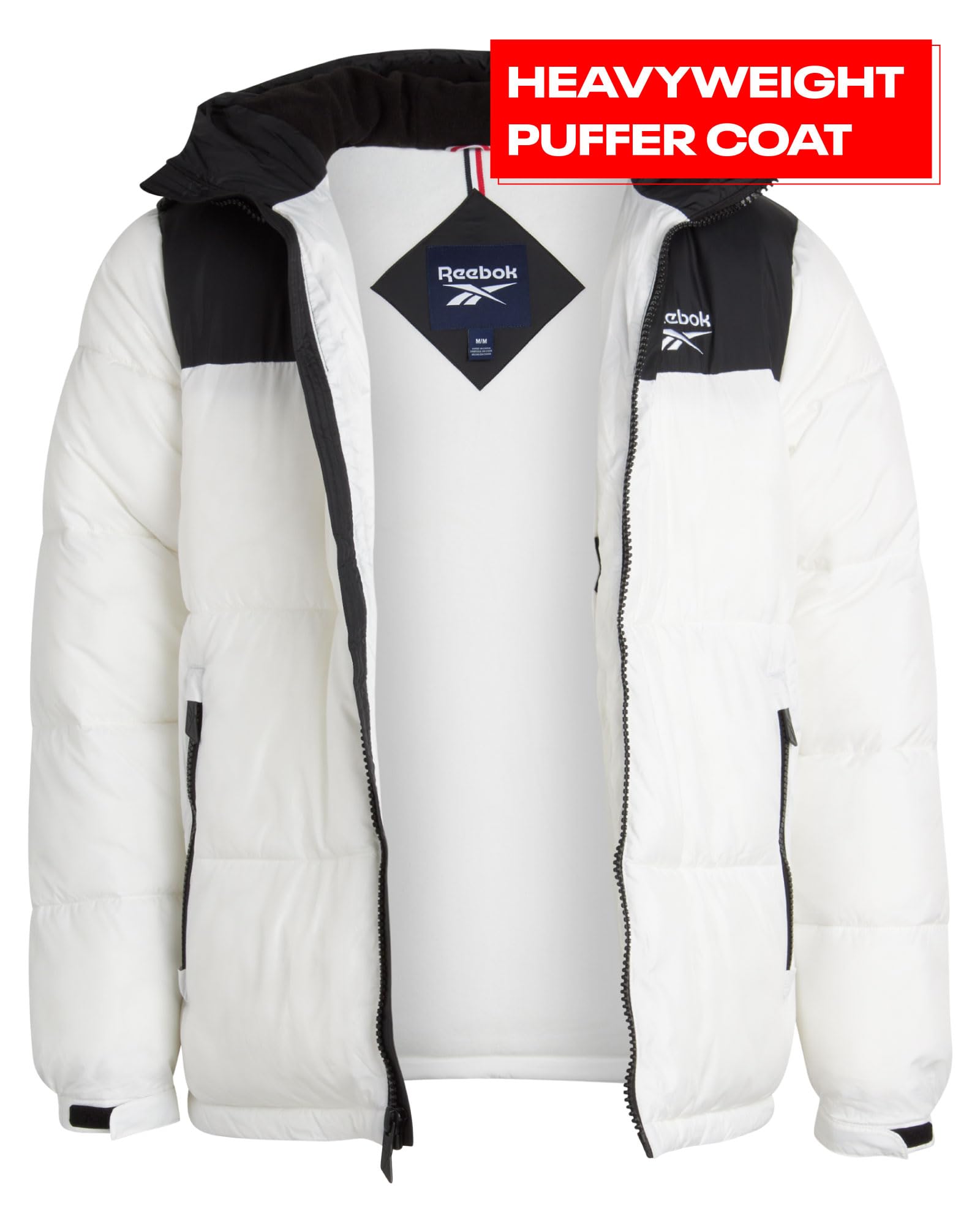 Reebok Men's Winter Jacket - Heavyweight Quilted Puffer Parka Coat - Weather Resistant Ski Jacket for Men (8-20), Size Medium, Black/White