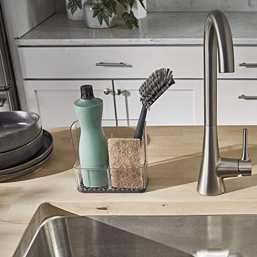 Spectrum Diversified Hexa, Kitchen Sponge, Easy-Clean Sink Organization & Dish Brush Holder with Removable Base, Clear & Gray
