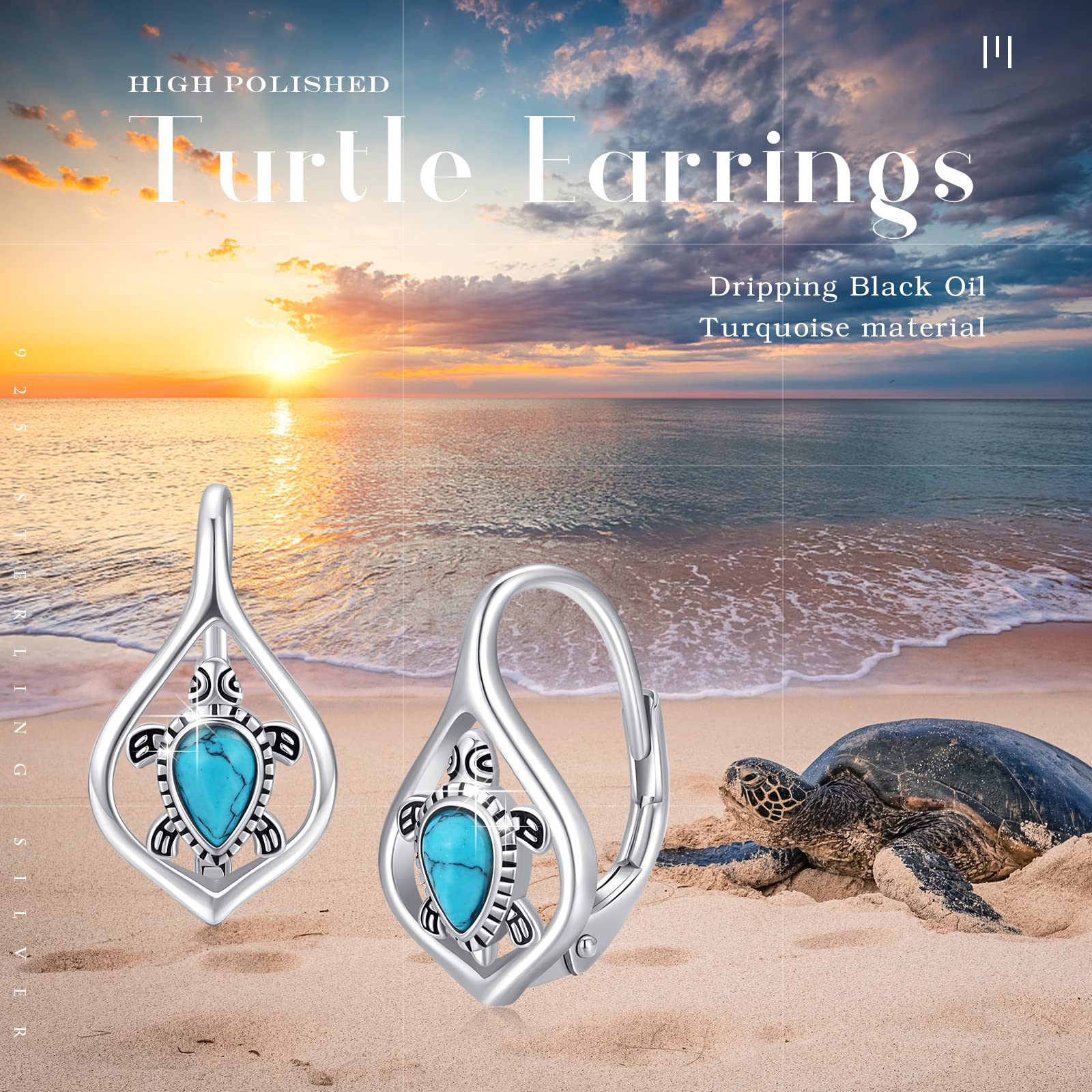Turquoise Turtle Leverback Earrings Sterling Silver Turtle Turquoise Dangle Drop Earrings for Women Teens Birthday Anniversary