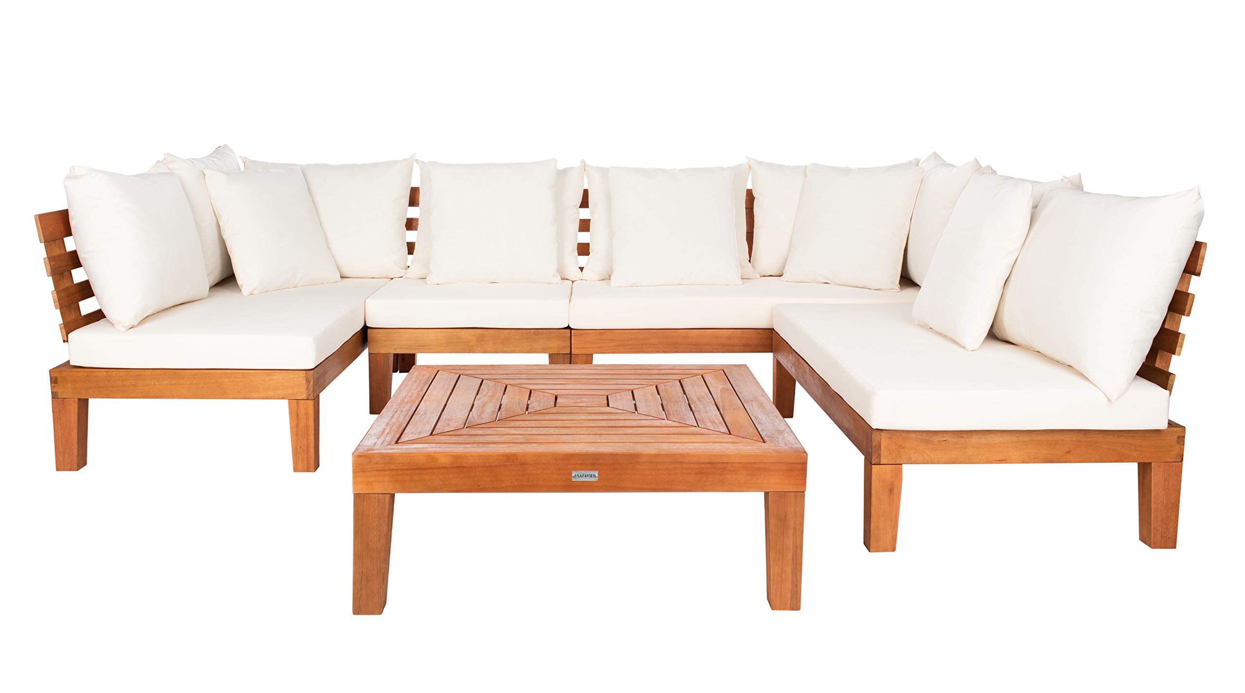 Safavieh PAT7054A-4BX Collection Granton Teak and Beige 5-Piece Outdoor Patio Set