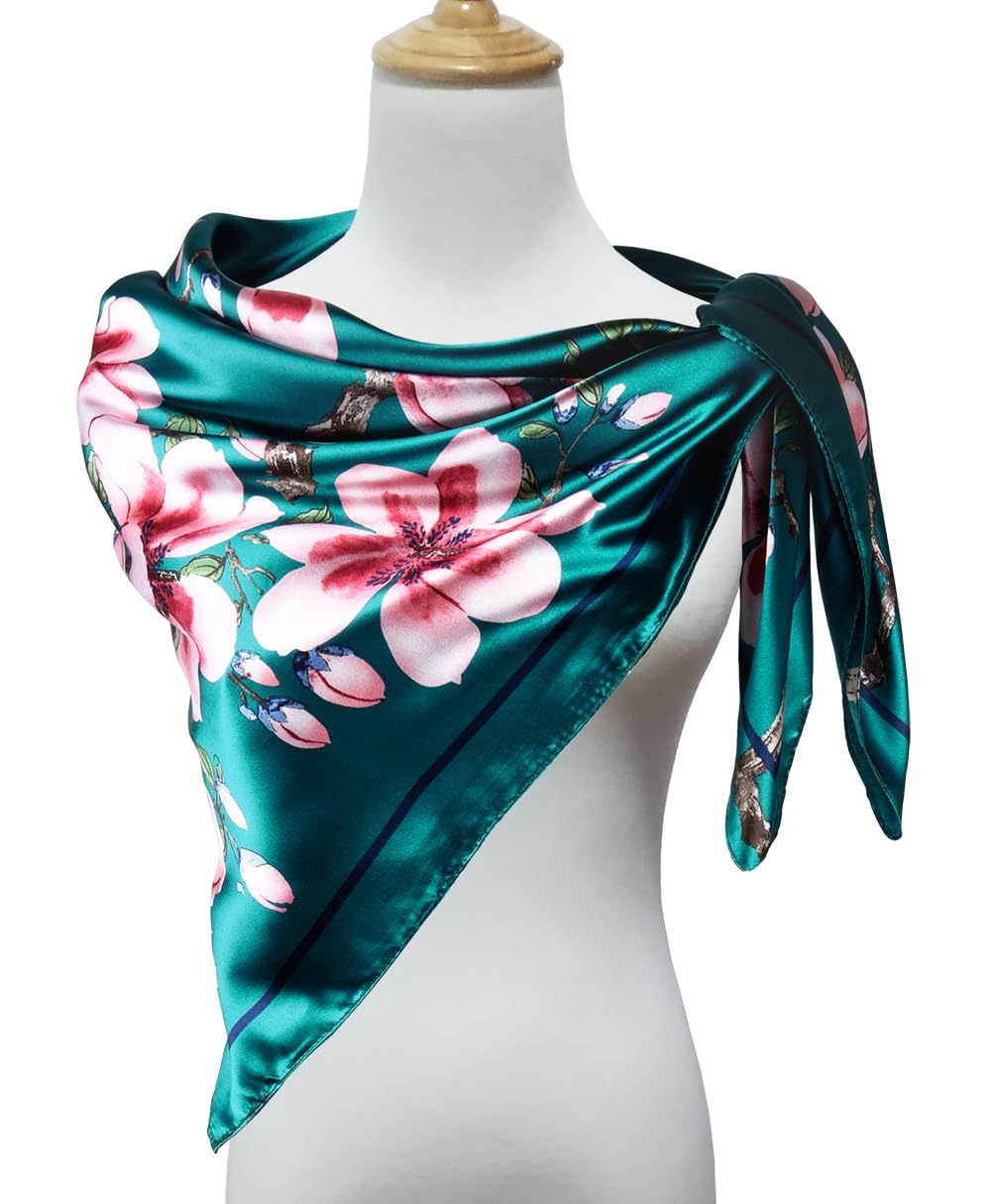 vabovin 35" Fashion Neckerchief Women's Silk Like Big Satin Square Hair Scarf Accessory (Blue Green Flowers)