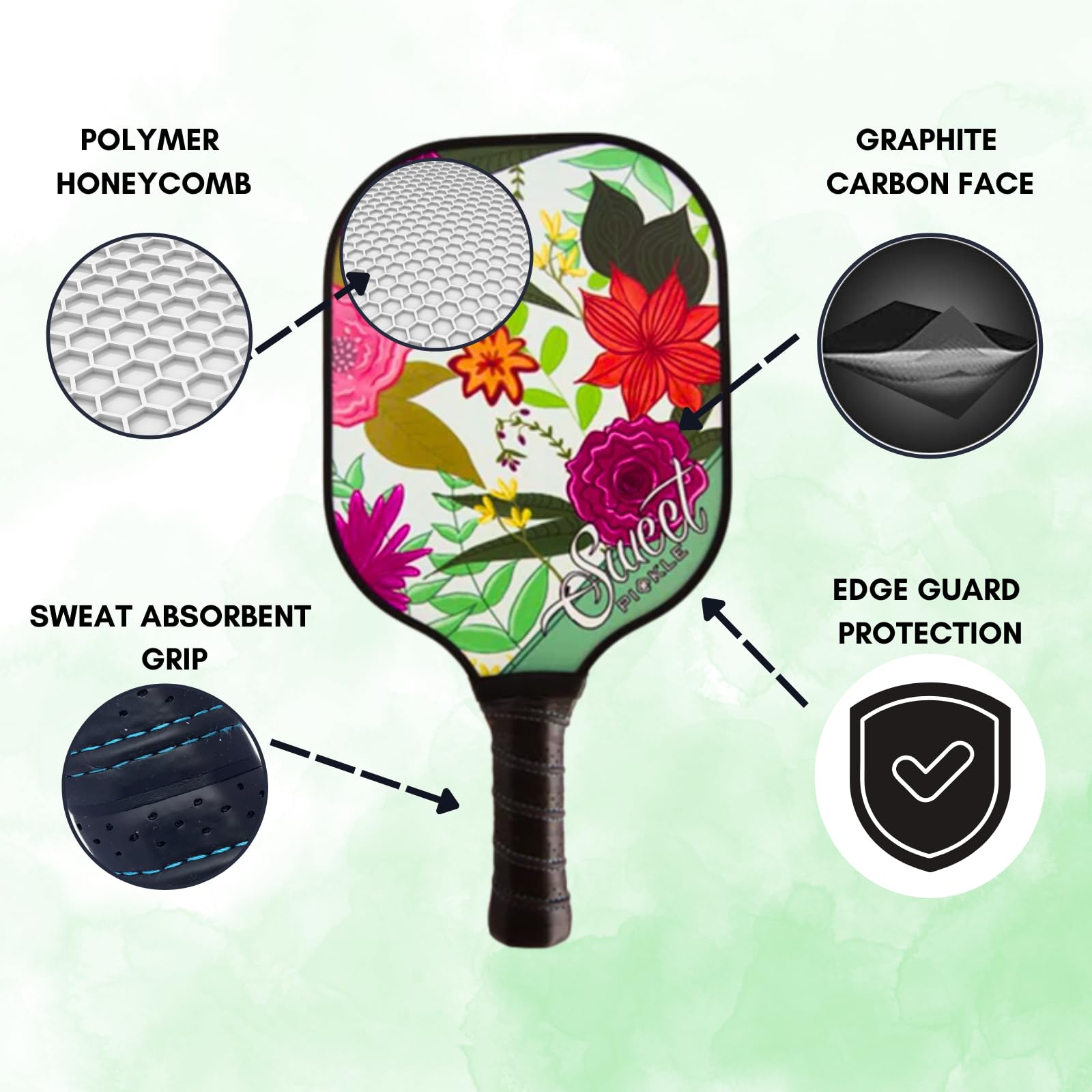 Sweet Pickle Tropical Paradise Pickleball Paddle, Composite Honeycomb Core, Carbon Graphite, Soft Grip, Indoor Outdoor Lightweight Stylish Design Pickleball Racket with Raquet Paddle Cover