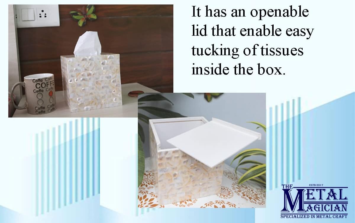 Square Tissue Holder – Decorative Tissue Box Cover is Finished in Beautiful Mother of Pearl by The Metal Magician