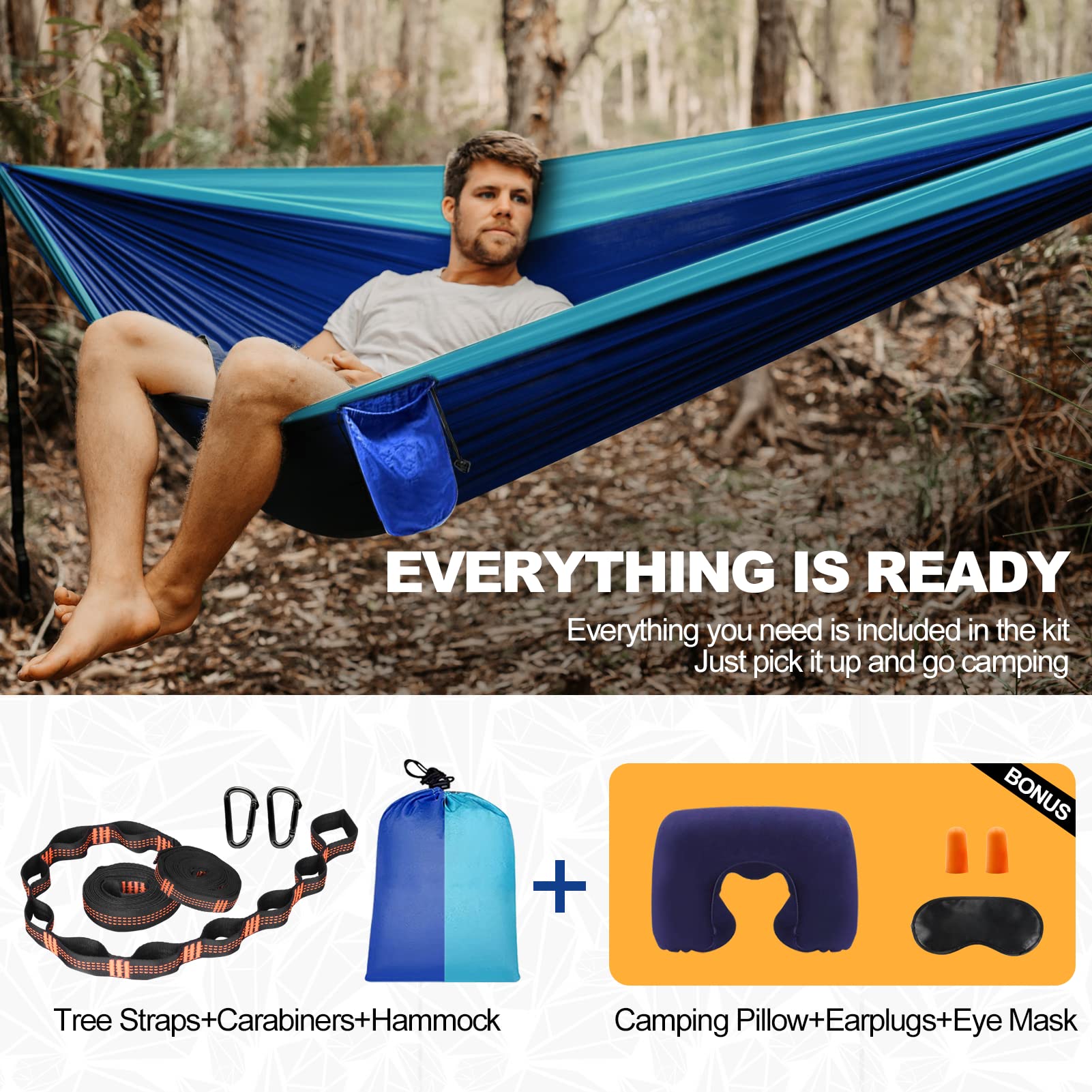 UEAKPIC Hammock Camping , Double Portable Hammocks with Tree Straps , Parachute Lightweight Nylon Hammock for Outdoor Travel Backpacking (Dark Blue / Blue )