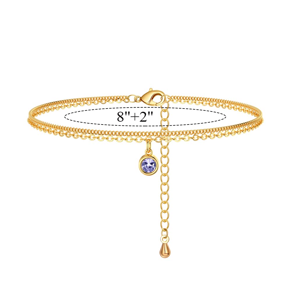 UEUC Gold Anklet for Women, 14K Gold Cuban Link Anklet Chains with Birthstone Charm, Cute Dainty Layering Anklets Chain Adjustable(#2)