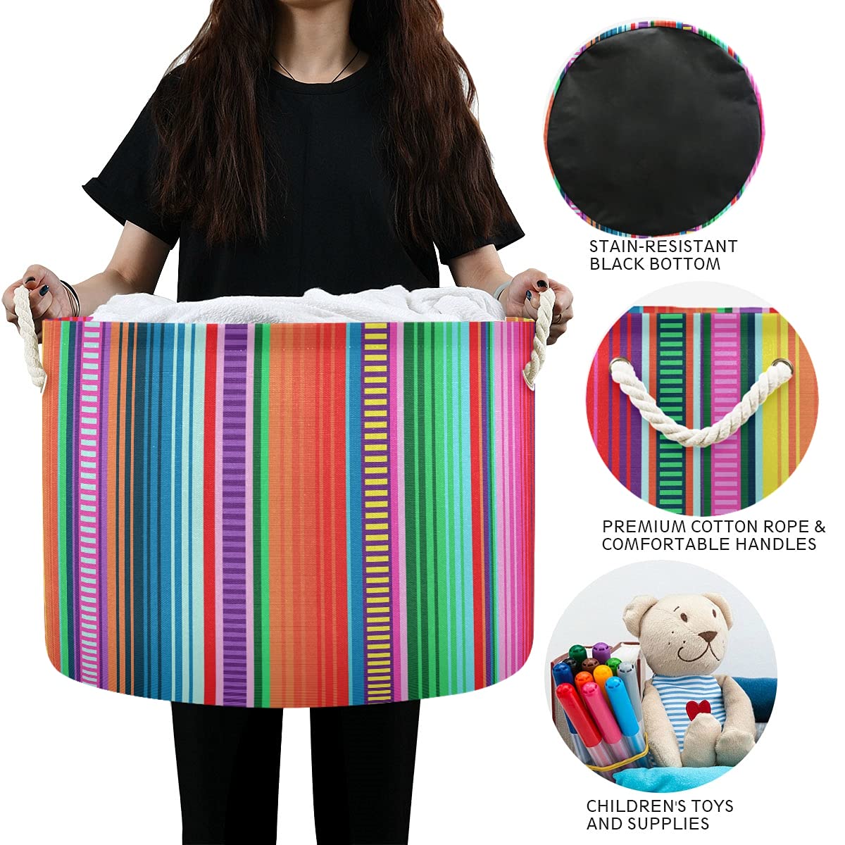 xigua Large Storage Basket Cotton Rope Basket Mexican Serape Blanket Stripes Baby Laundry Basket for Blankets Toys Storage Basket Laundry Hamper