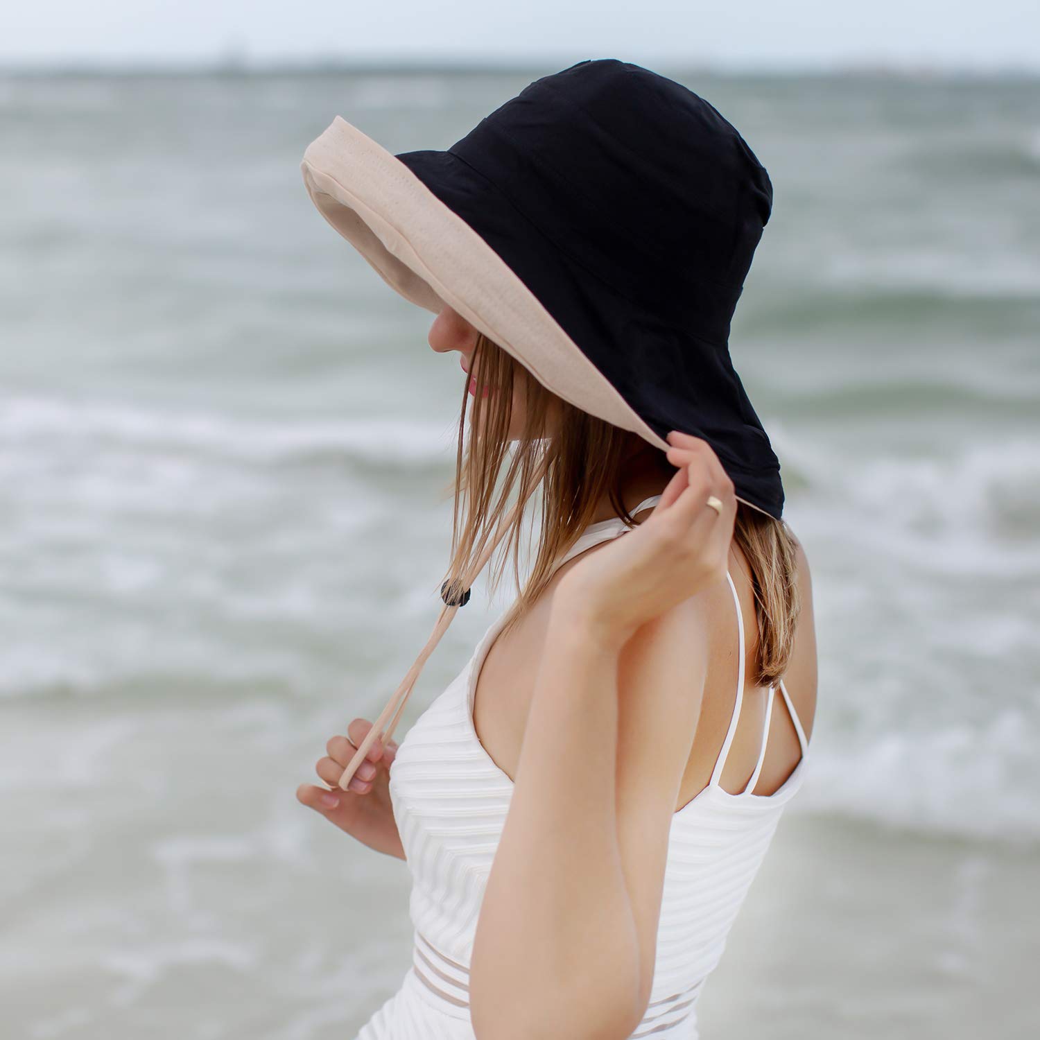 Sun Hats Women Bucket Floppy Cotton Hat Wide Brim Summer Beach Caps Packable UV UPF 50+ (Black)