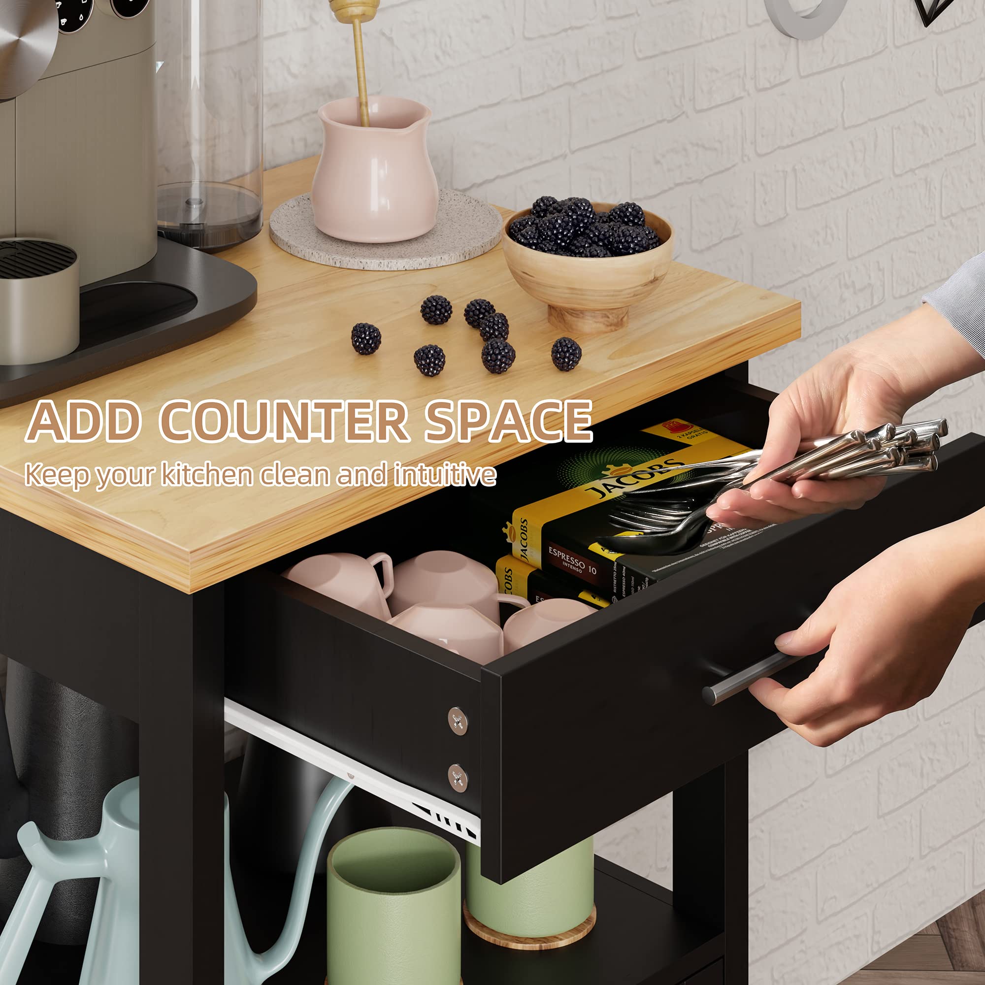 Shintenchi Kitchen Island Cart with Storage,Rolling Kitchen Island Side Table on Wheels with Worktop,Single Door Storage Cabinet and Drawer for Kitchen,Dinning Room, Black