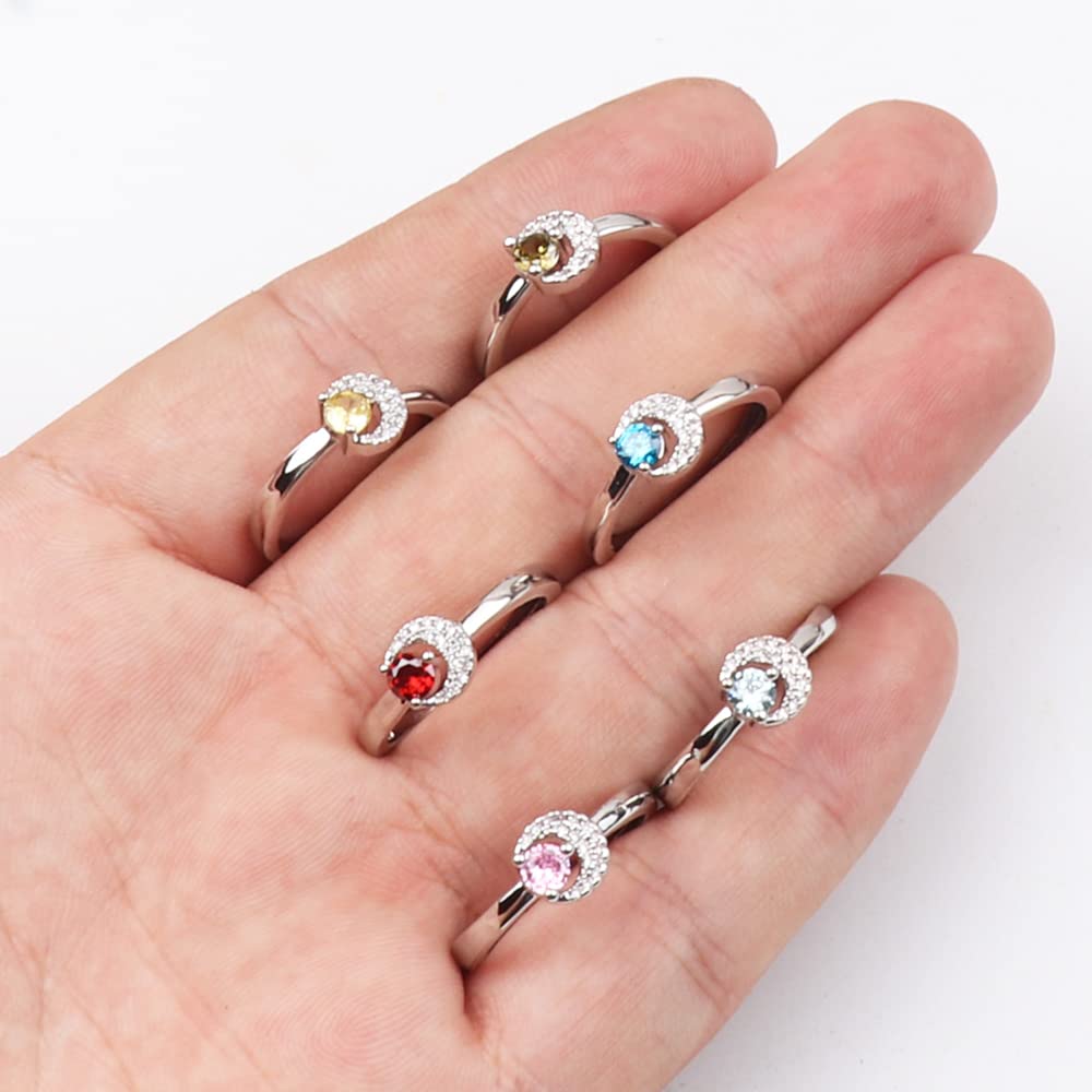 UEUC Moon Birthstone Ring for Women, 14K Silver Plated Crescent 5A Zircon Open Adjustable Ring, Wedding Engagement Statement Promise Ring(#10)