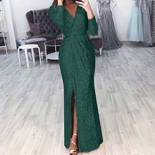 Women Glitter Maxi Dress Long Sleeve High Waist Wrap V-Neck Split Zipper Elegant Evening Dress Green