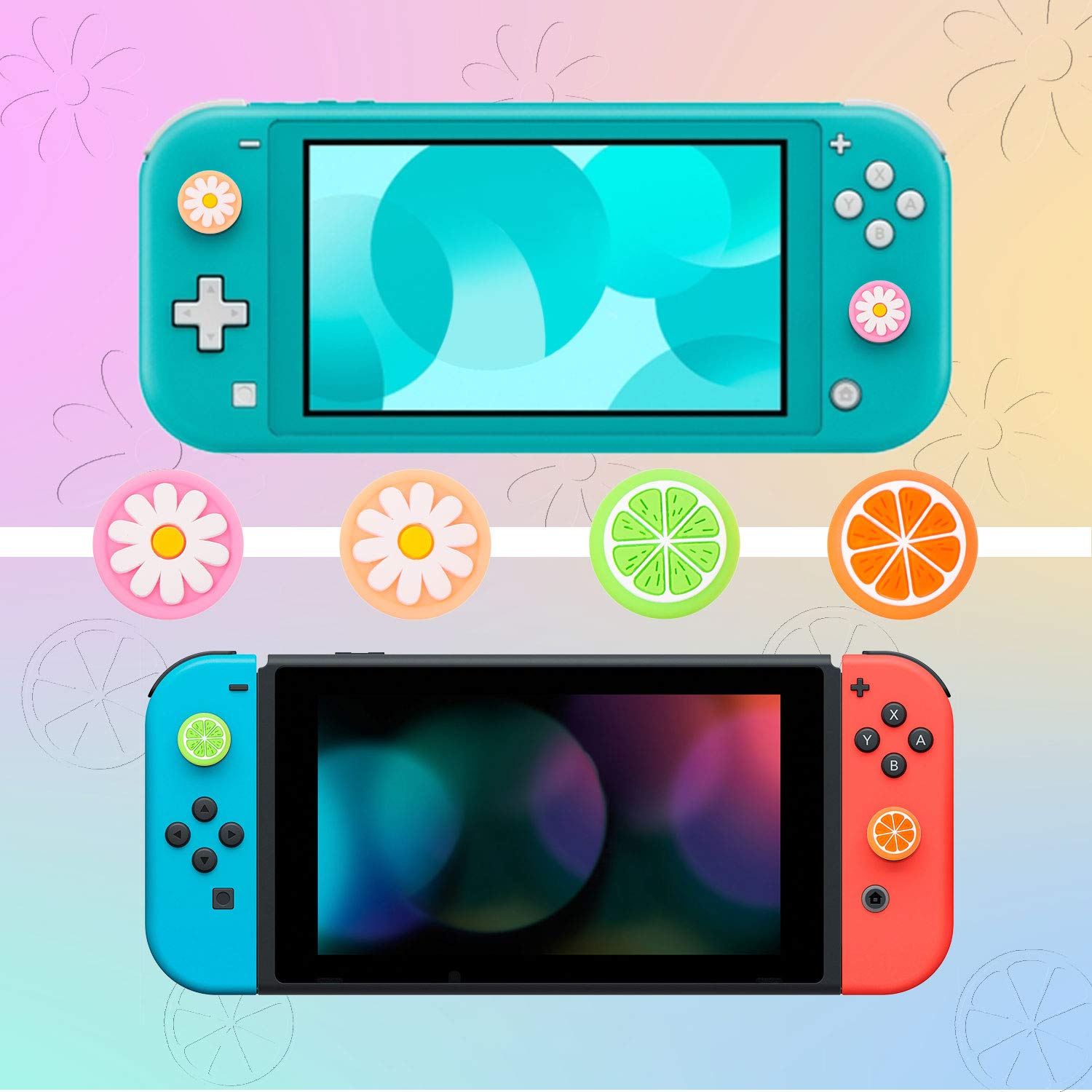 Sumind 16 Pieces Replacement Cute Fruit Lemon and Flower Design Thumb Grip Caps Analog Stick Cover Joystick Cap Soft Silicone Cover Compatible with Nintendo Switch, Switch Lite and Joy-Con Controller
