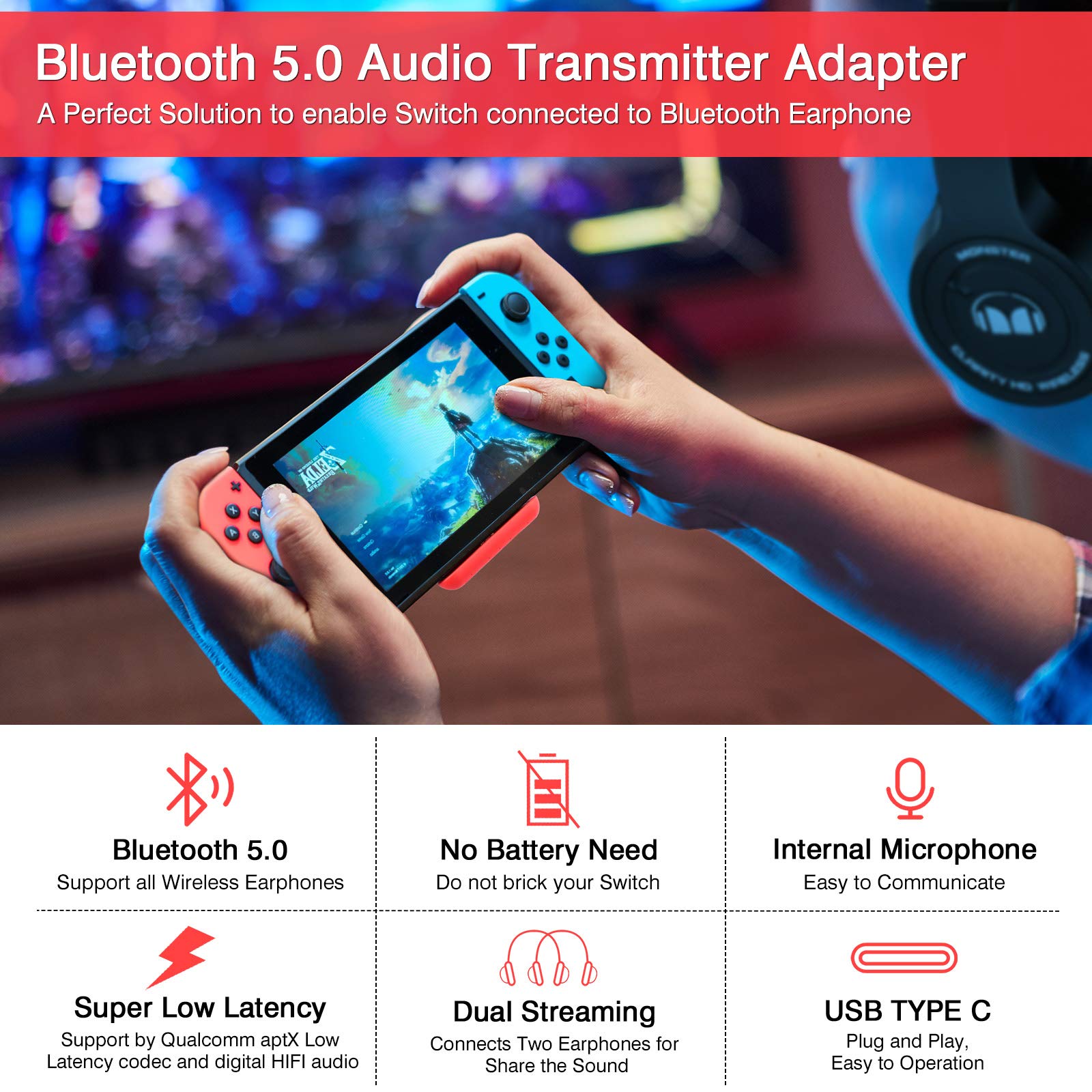 UeeVii Switch Bluetooth Adapter, Bluetooth 5.0 Audio Transmitter Adapter for Nintendo Switch & Switch Lite PS5 PS4 Supports in-Game Voice Chat& Dual Link USB-C APTX Low Latency for Headphones Airpods