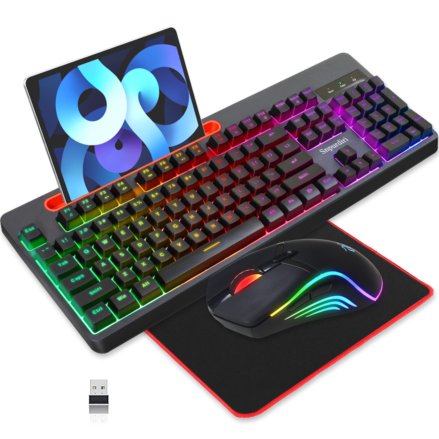 Wireless Gaming Keyboard and Mouse Combo, Snpurdiri Rainbow Backlit Mechanical Feeling Rechargeable Full Size Anti-ghosting Keyboard with Tablet/Phone Bracket, Long Battery Life for PC Gamer