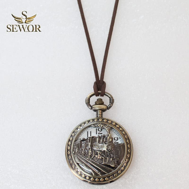 SEWOR Japan Quartz Movement Pocket Watch with Double Chain (Metal & Leather) (Train)