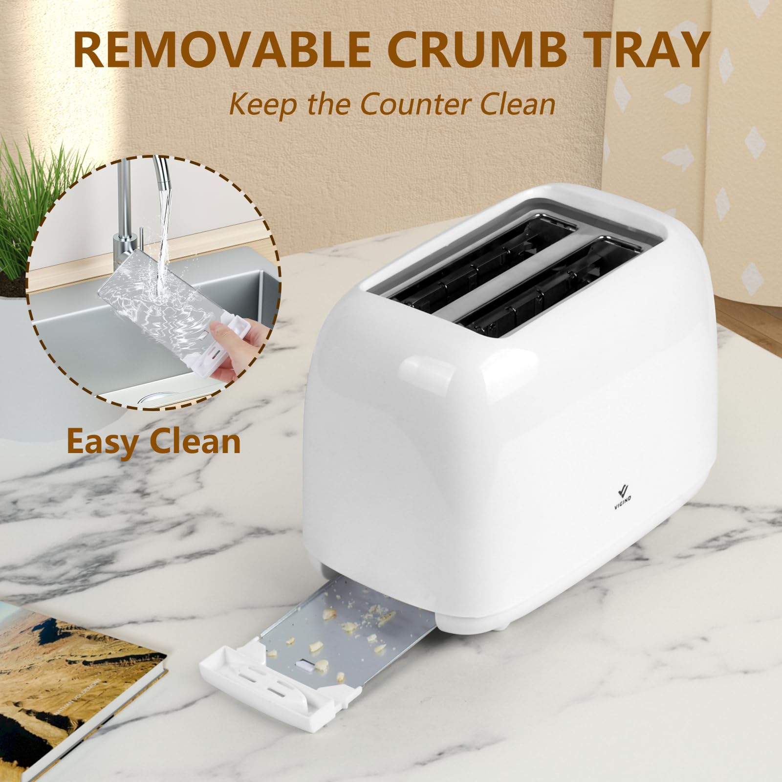 VIGIND 2 Slice Stainless Steel Electric Toaster,Kitchen Wide Slot Toaster with Auto Shut Off, Cancel Button,Toast Boost and Removable Crumb Tray for Toast Bread,Puff Pastry,Snacks,Bagel & Waffle
