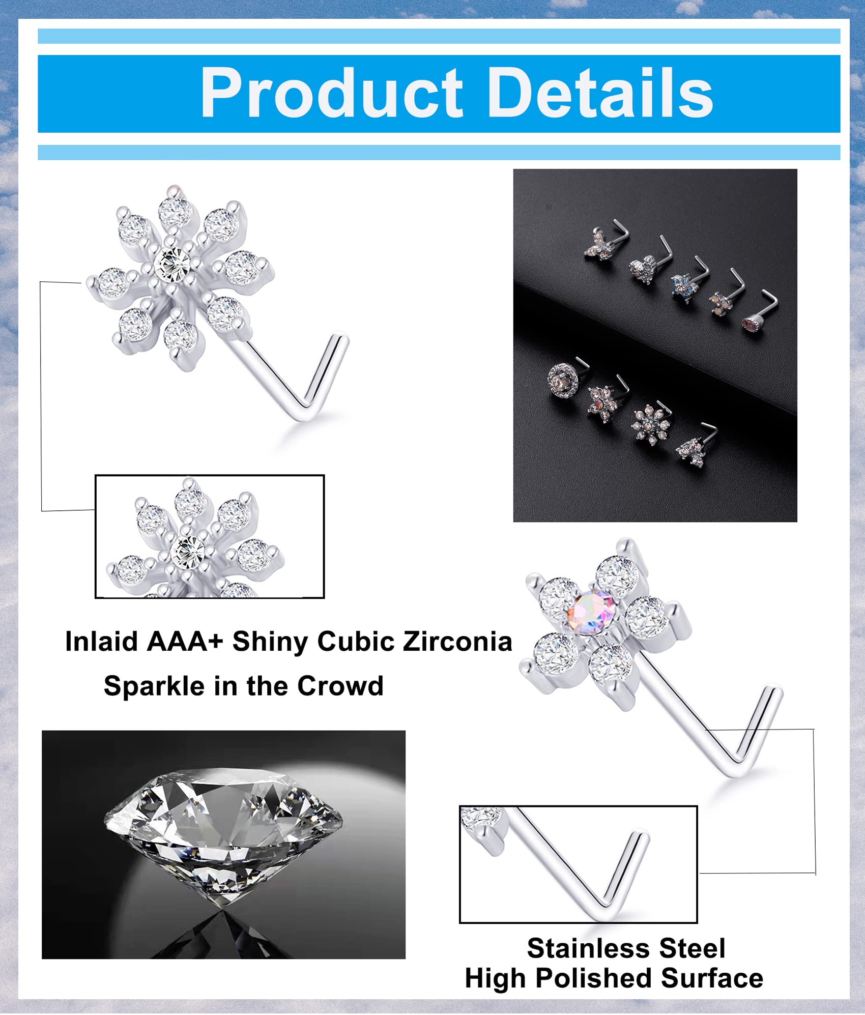 Tornito 9Pcs Nose Rings Stud L Shaped Nose Ring Flower CZ Snowflake Butterfly Screw Nose Stud Body Piercing Jewelry for Women Men 20G Silver Tone