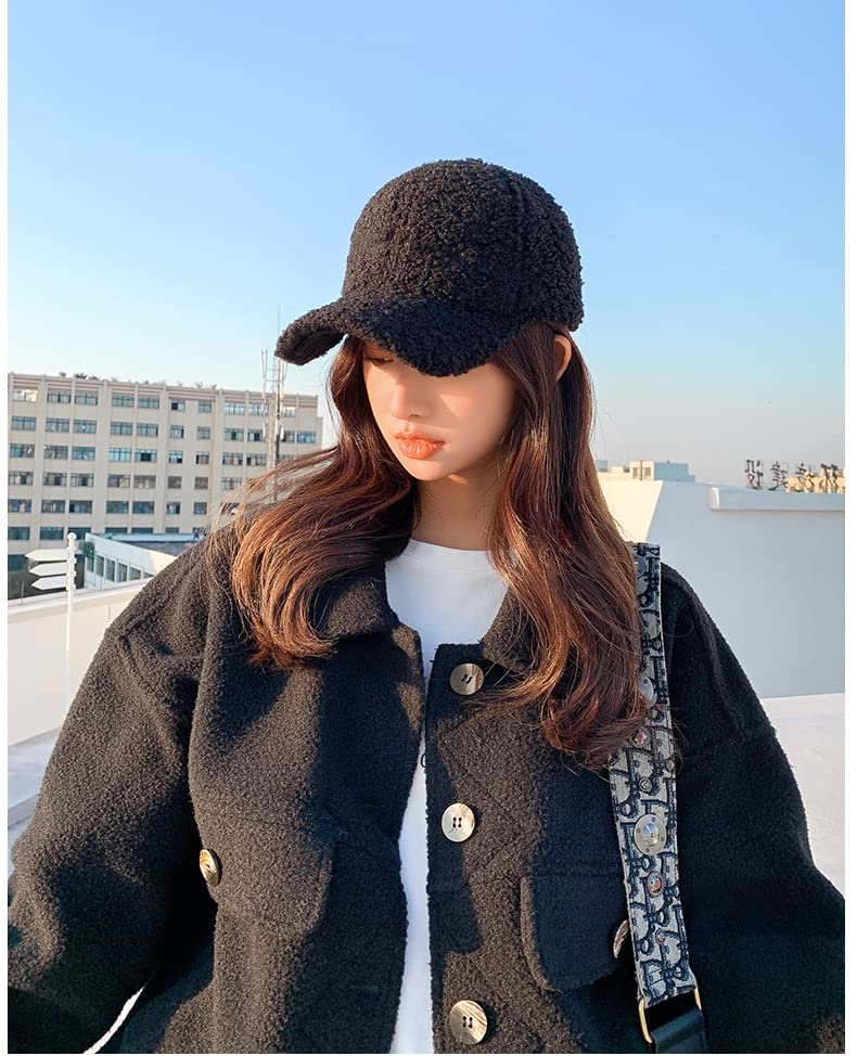 Women Men Winter-Warm Baseball Caps Faux-Lamb-Wool Teddy-Fleece Baseball Hats Adjustable Outdoor Cap (M, Black)