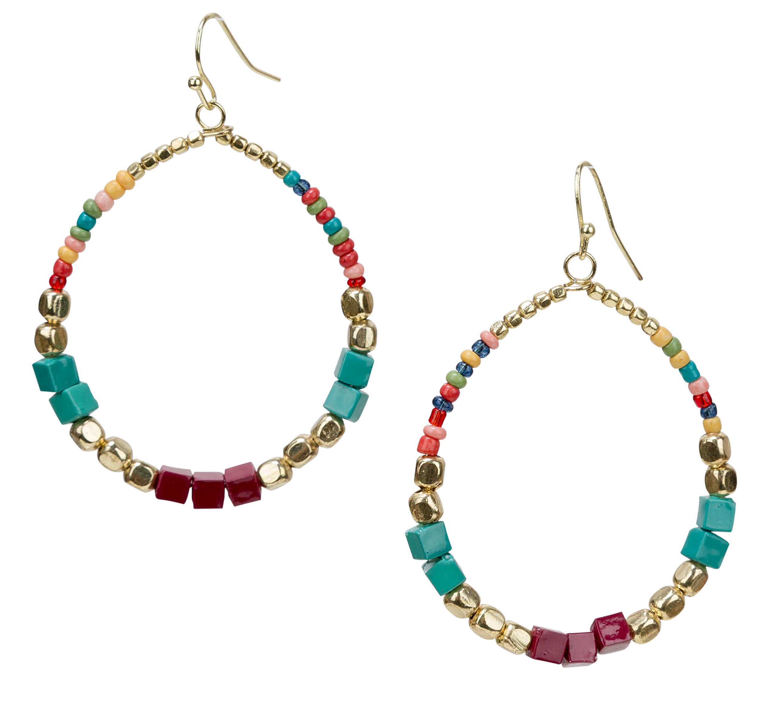 SPUNKYsoul Bohemian Multi-Colored Cube Beaded Hoop Earrings for Women (Teal/Red/Cube)