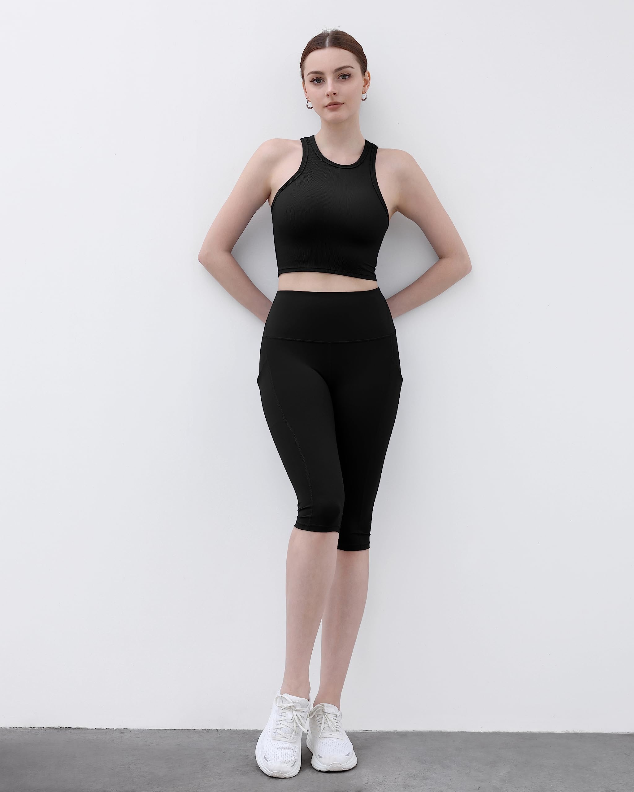ODODOS Women's Crop 2-Pack Racerback High Neck Ribbed Cropped Tank Tops, Black+Black, Medium
