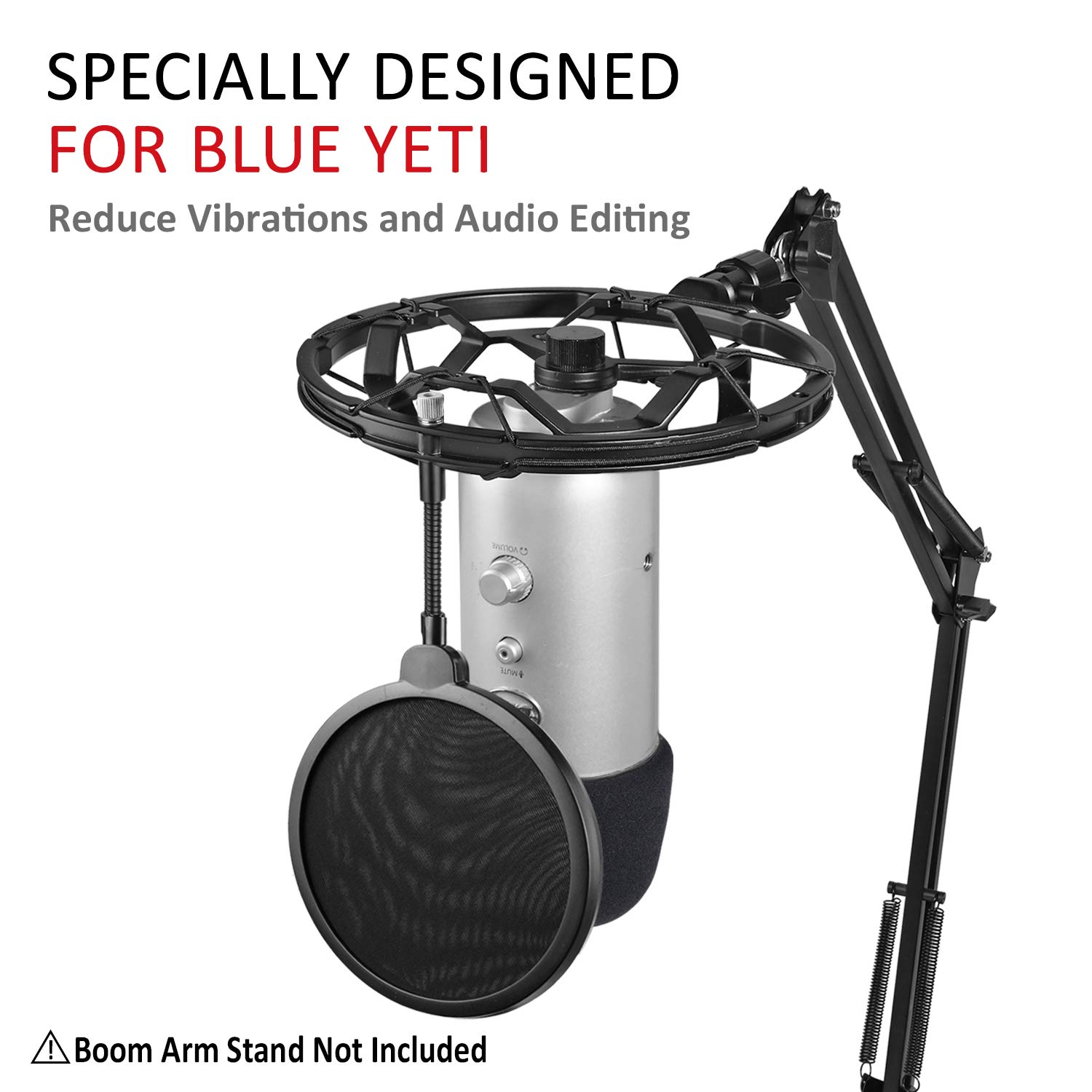 Shock Mount with Pop Filter for Blue Yeti/Yeti Pro Microphone, Upgraded Version Shockmount With Blue Yeti Foam Windscreen Reduces Vibration Noise Matching Mic Stand Boom Arm by SUNMON