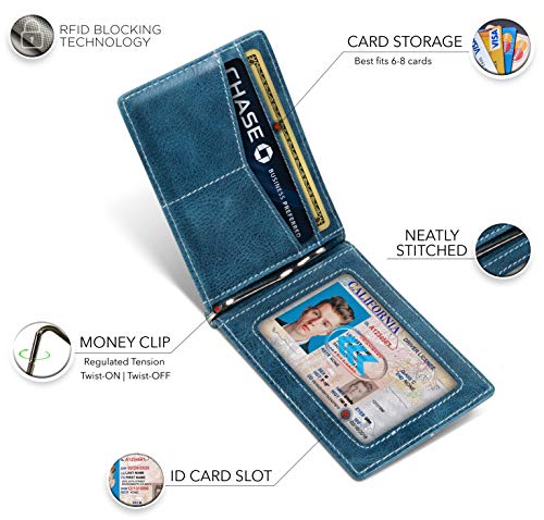 SERMAN BRANDS RFID Blocking Wallet Slim Bifold - Genuine Leather Minimalist Front Pocket Wallets for Men with Money Clip Gift (Arctic Blue Rogue)
