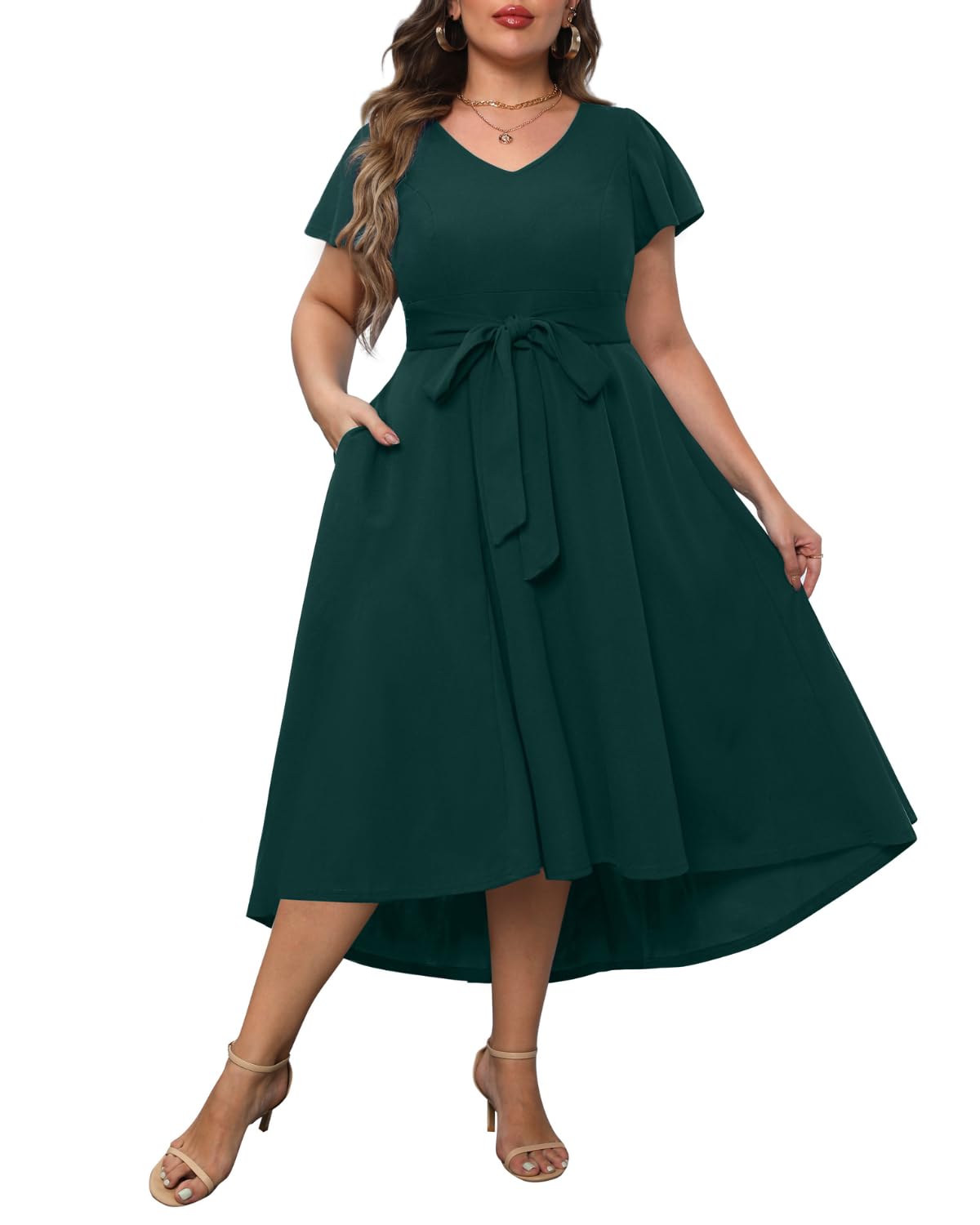 Plus Size Holiday Dress Women Emerald Dark Green High Low V Neck Long Flowy Elegant Dresses with Pockets